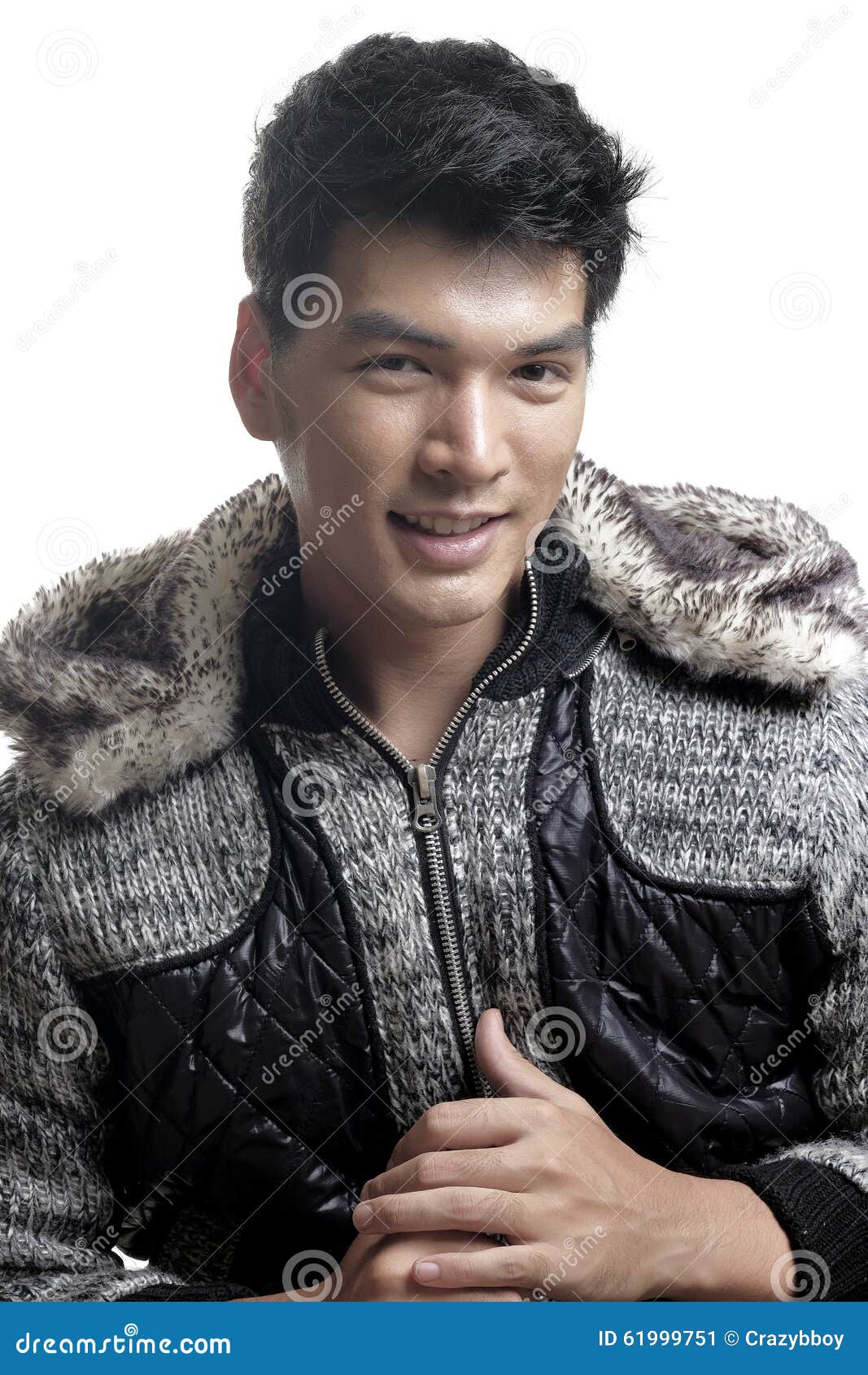 Asian Man in Fur and Yarn Texture Jacket Stock Image - Image of ...