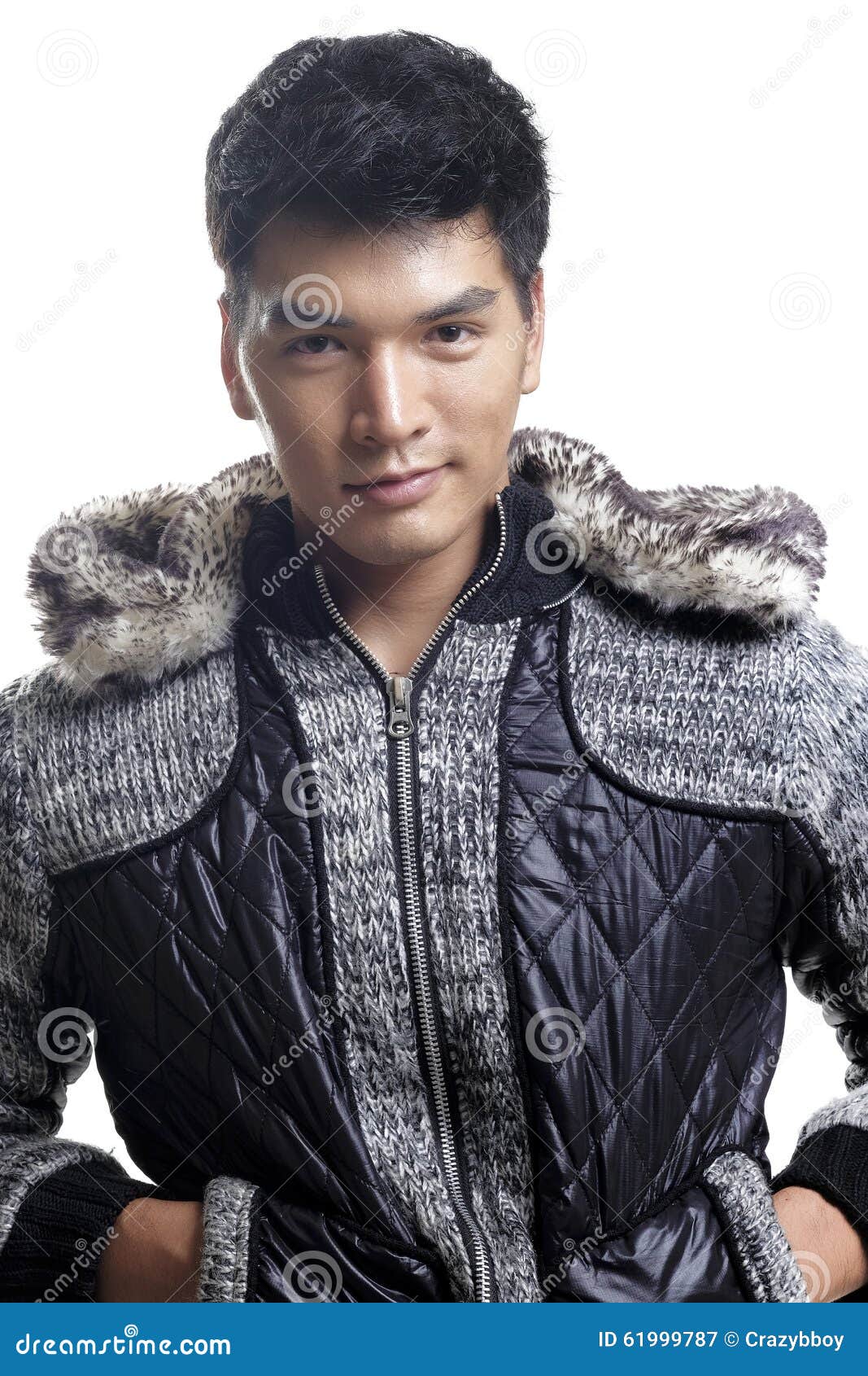 Asian Man in Fur and Yarn Texture Jacket Stock Image - Image of beauty ...