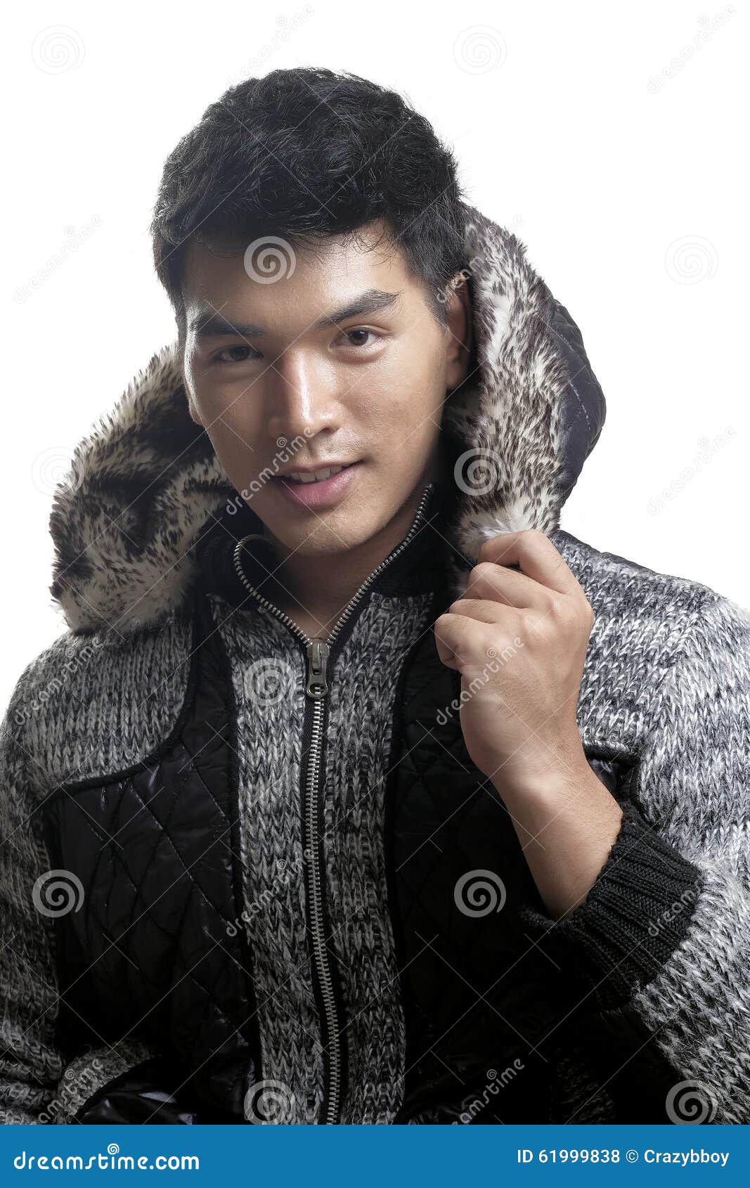 Asian Man in Fur and Yarn Texture Jacket Stock Photo - Image of freeze ...