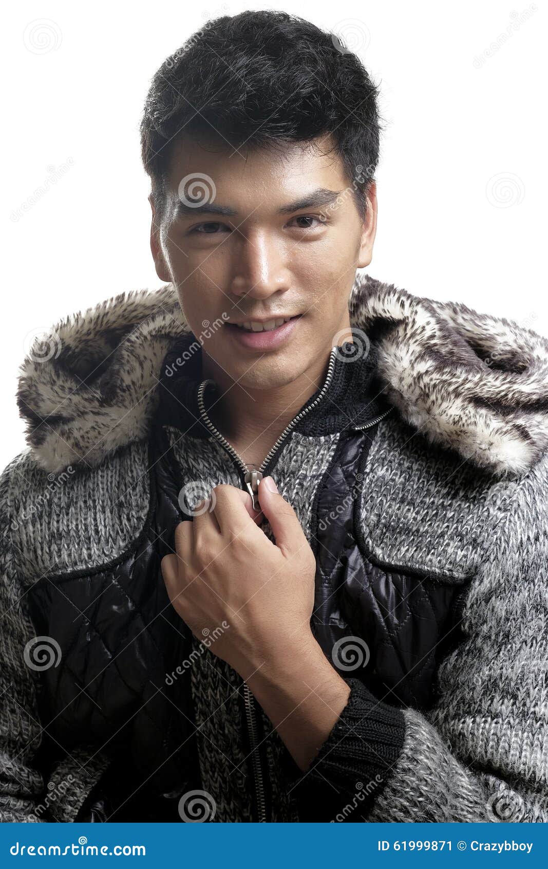 Asian Man in Fur and Yarn Texture Jacket Stock Image - Image of ...