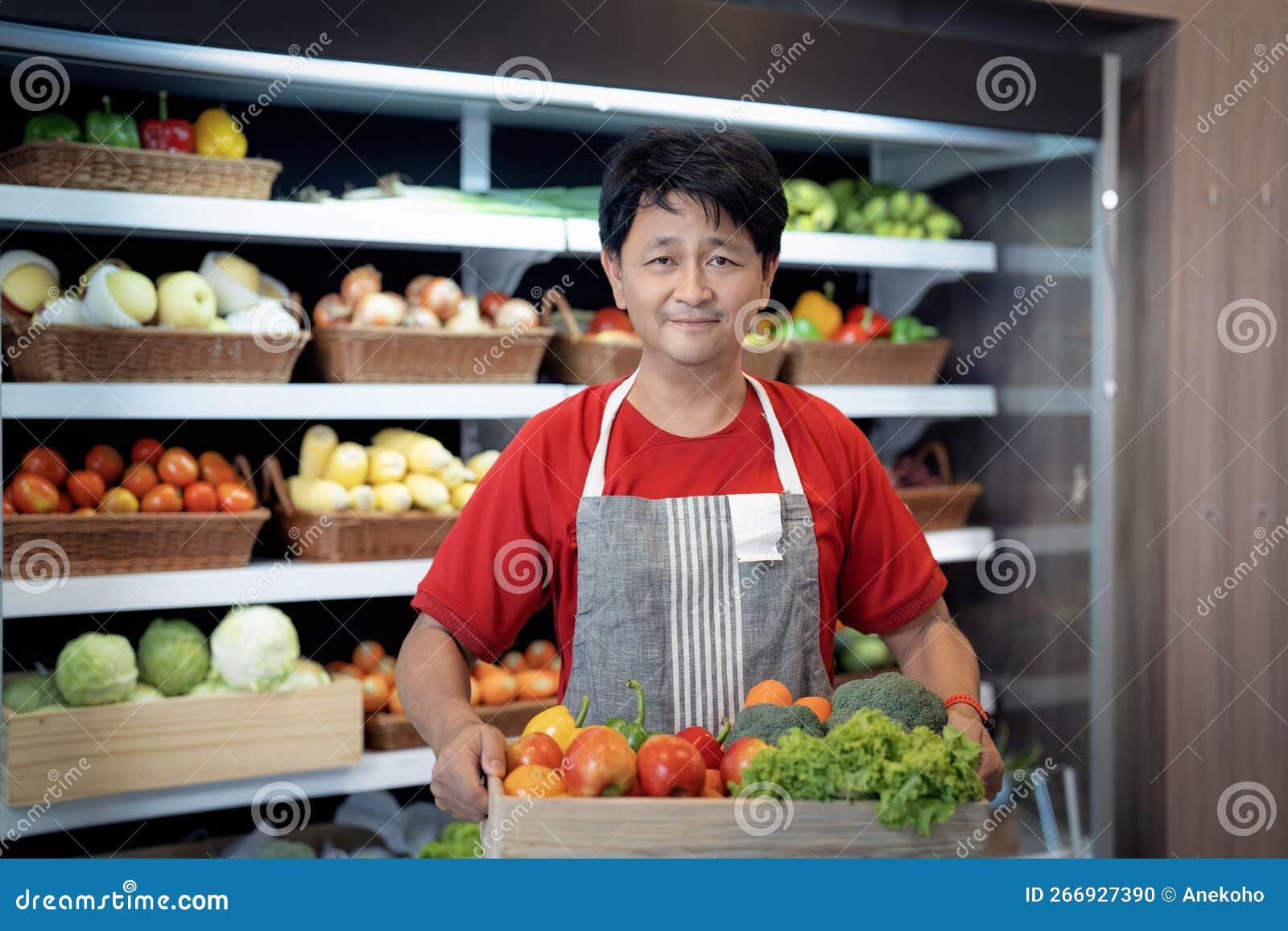 Asian Man Grocery Working in Supermarket Stock Photo - Image of male ...