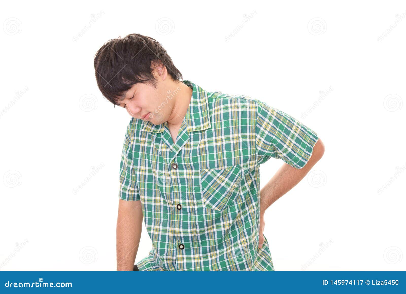 Asian man having back pain stock image. Image of dressed - 145974117