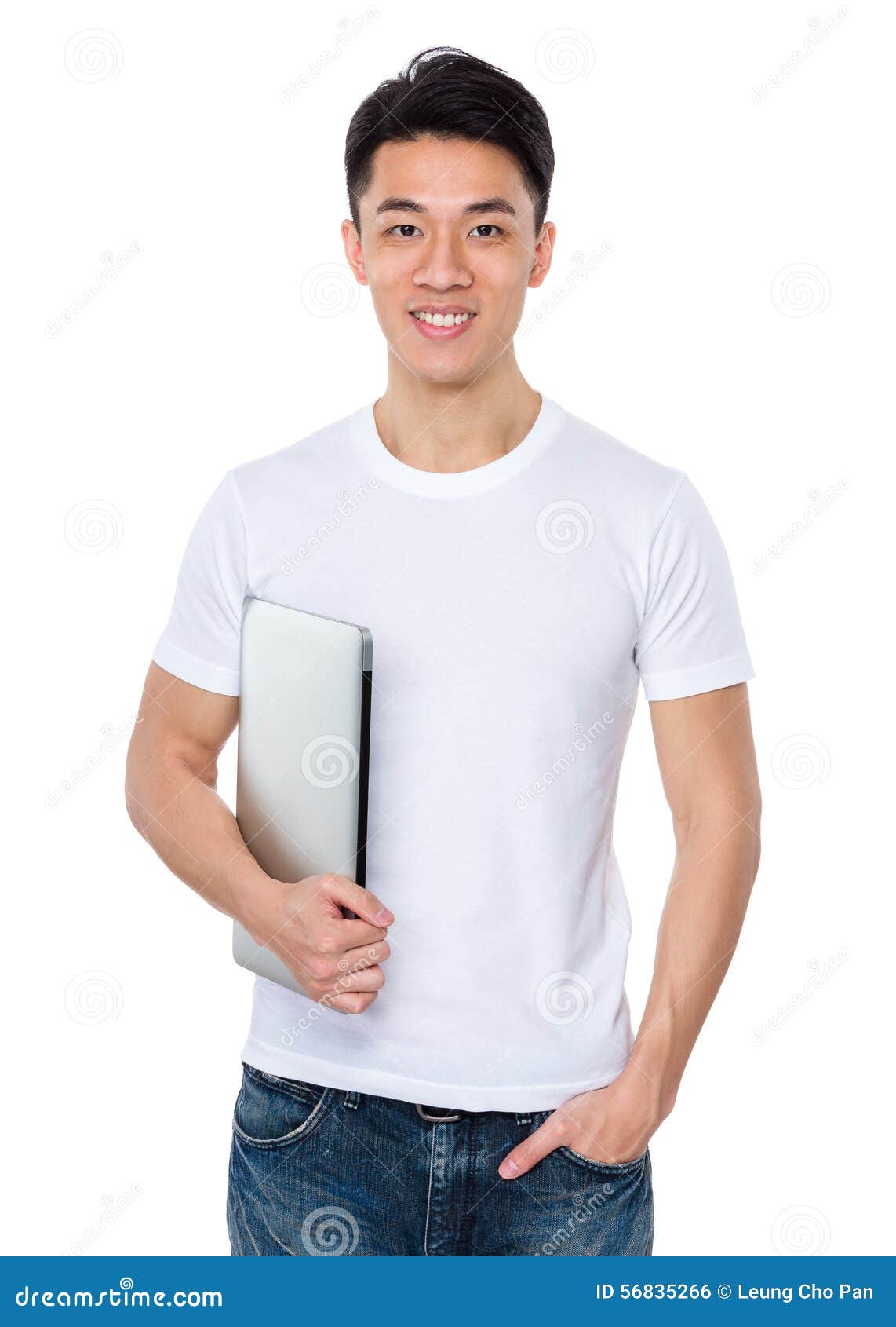 Asian Man Hold with Laptop Computer Stock Photo - Image of device ...