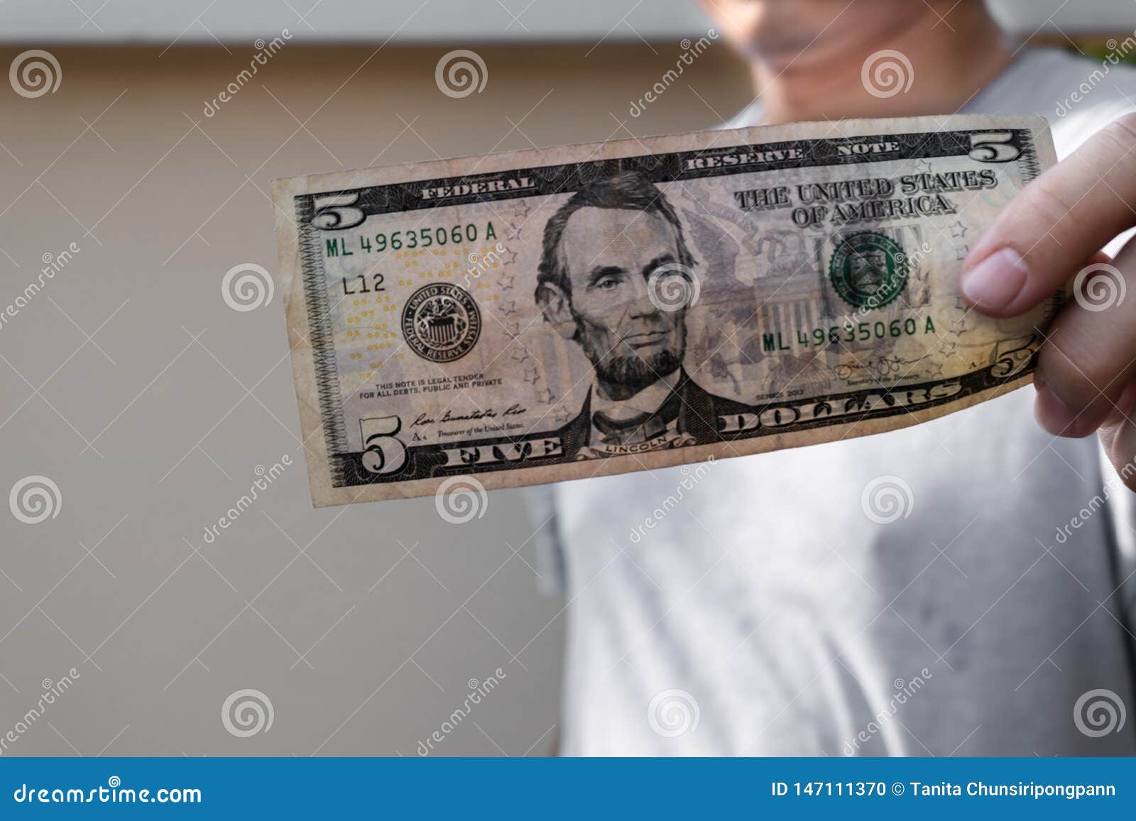Asian Man Holding Five Dollar Bill. Wealthy and Richness Concept Stock ...