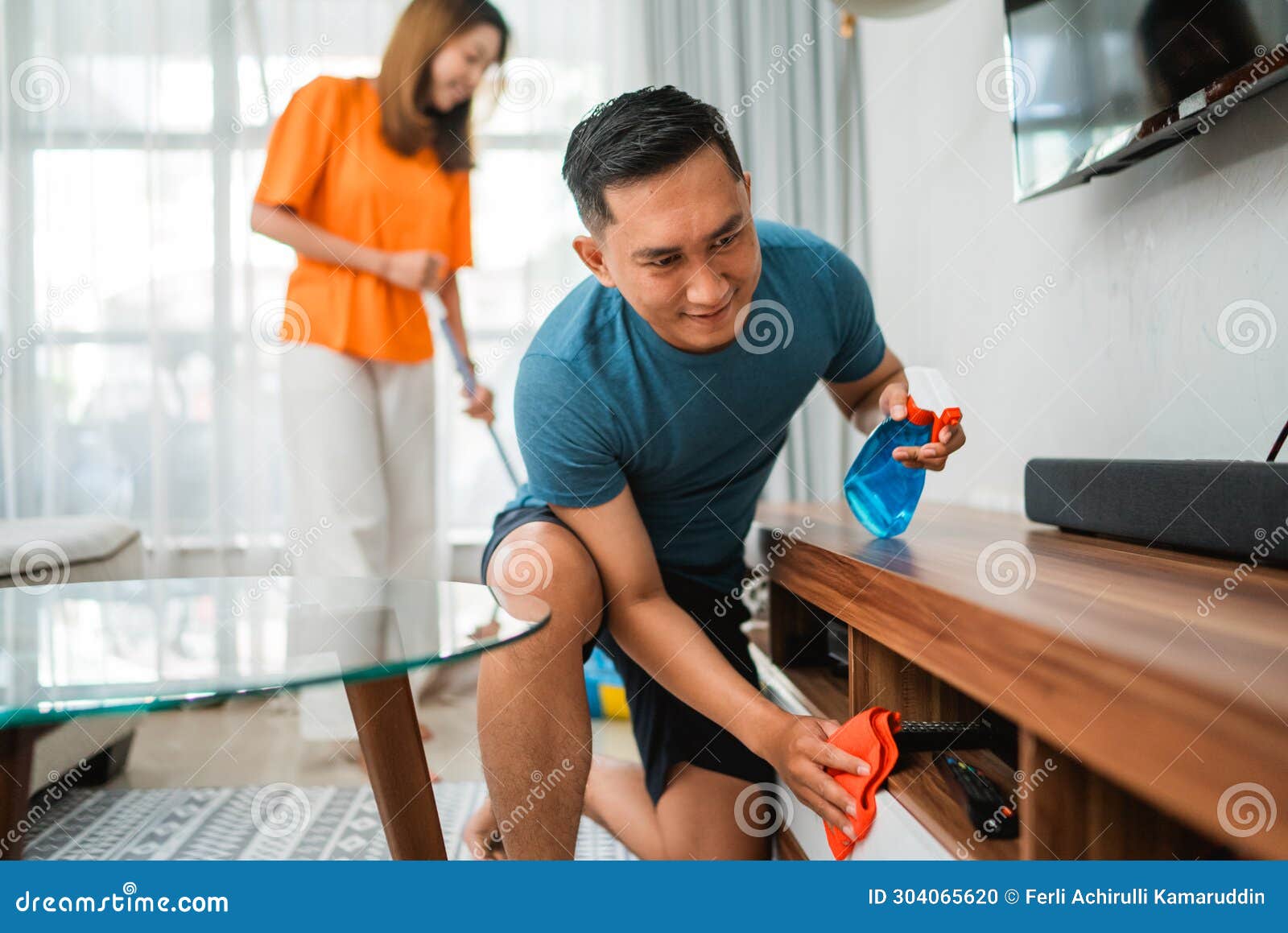 Asian Man Holding Rag Wiping Table Stock Photo - Image of house, male ...