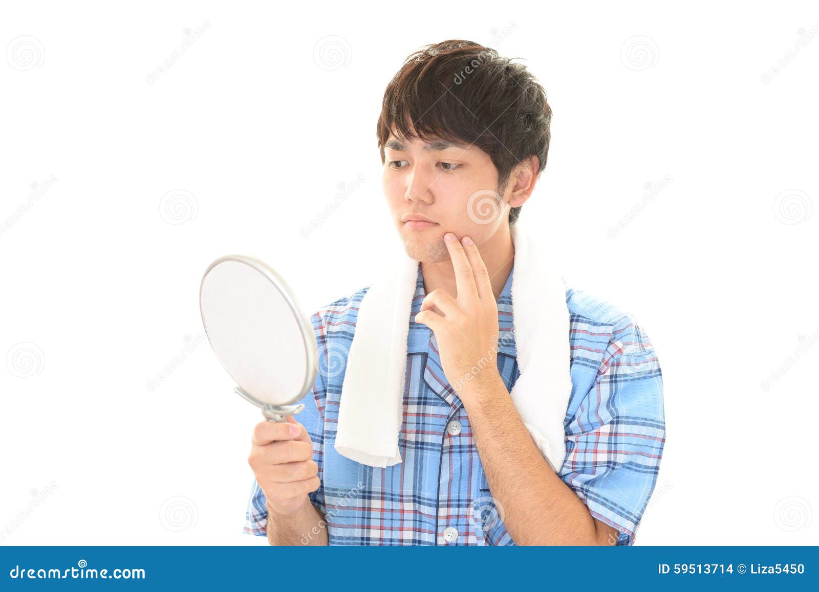 Asian Man Looking at His Face in Mirror Stock Photo - Image of fashion ...