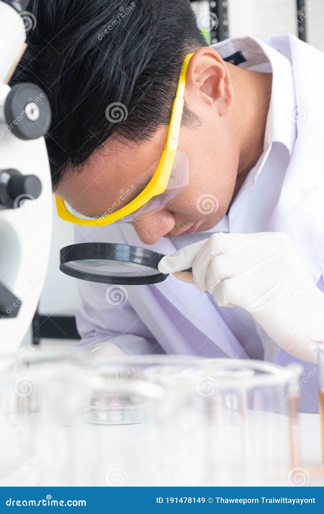 Asian Man Scientist Use Magnifying Glass in Laboratory Stock Image ...