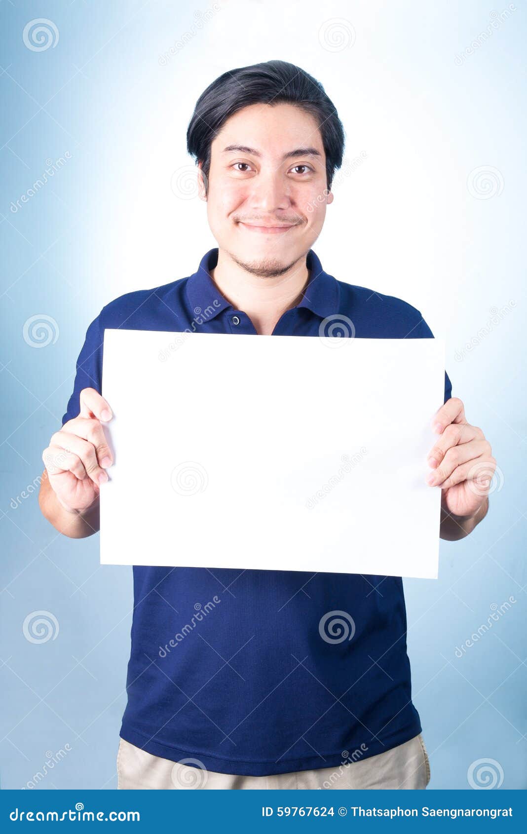 Asian Man Standing with Empty Horizontal Blank Paper in Hands, O Stock ...