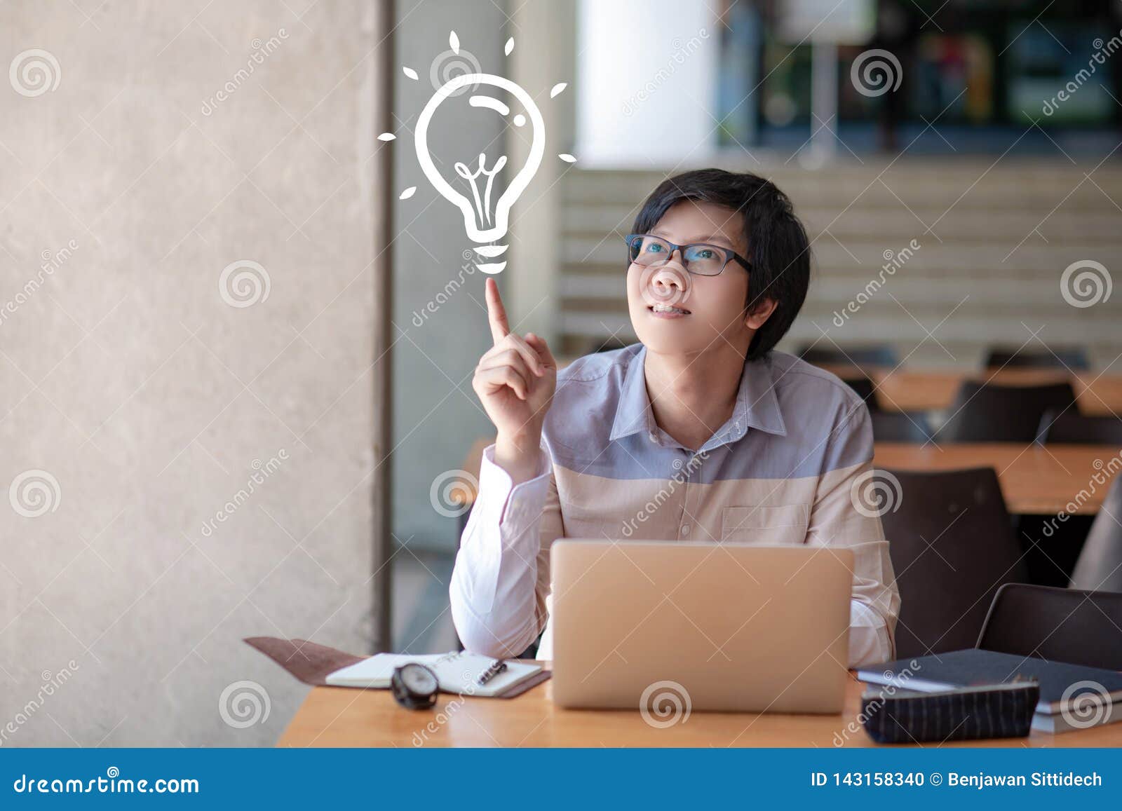 Asian Man Student Pointing at Light Bulb Stock Photo - Image of idea ...