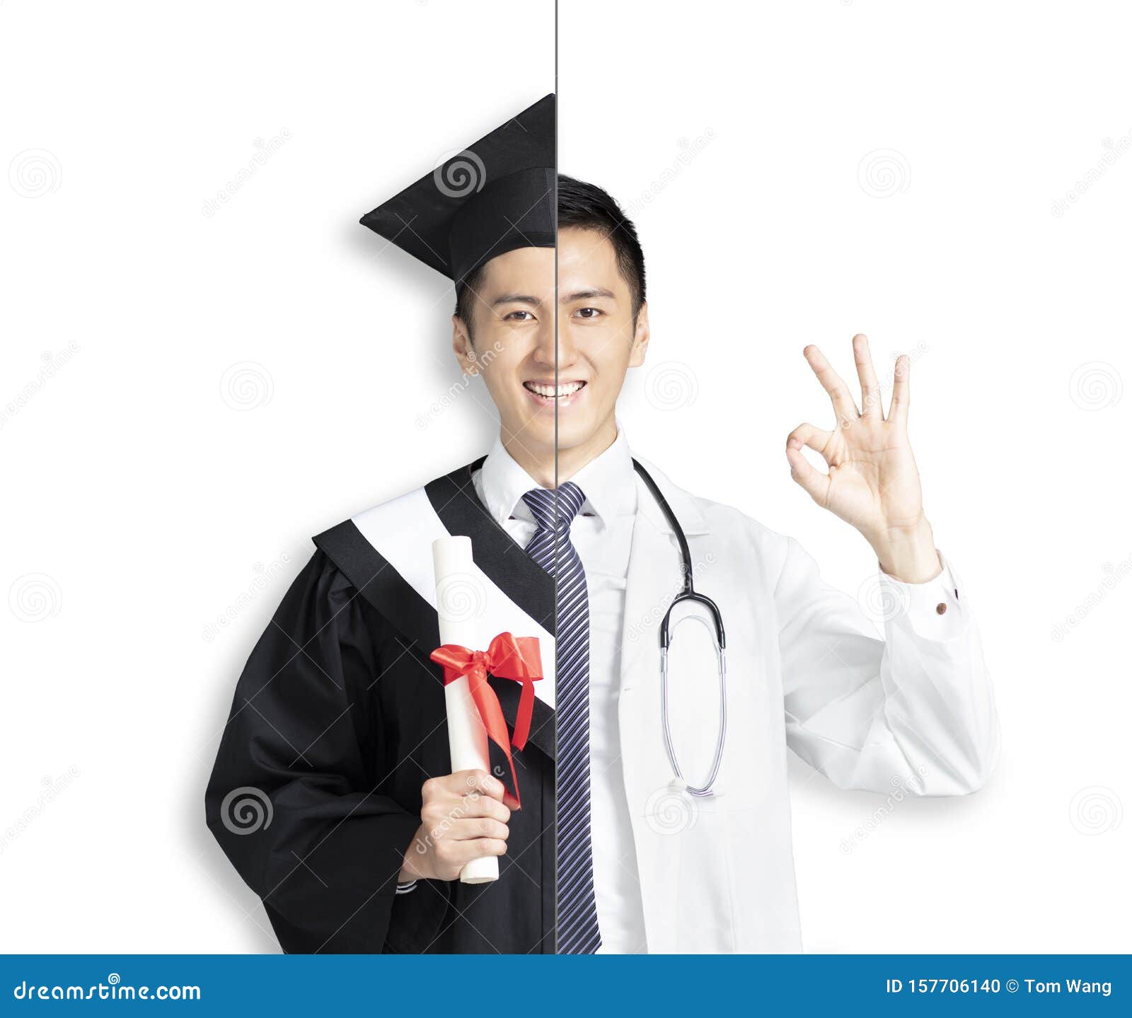 Asian Man in Two Occupations of Doctor and Graduation Stock Photo ...