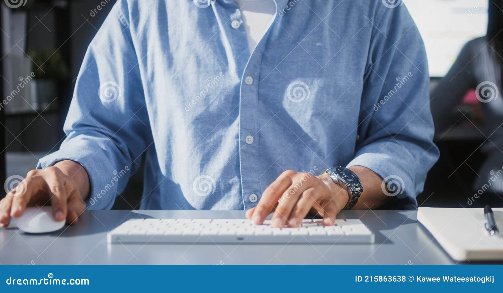 Asian Man Using Desktop Computer in Home Office, Close Up Hand Typing ...