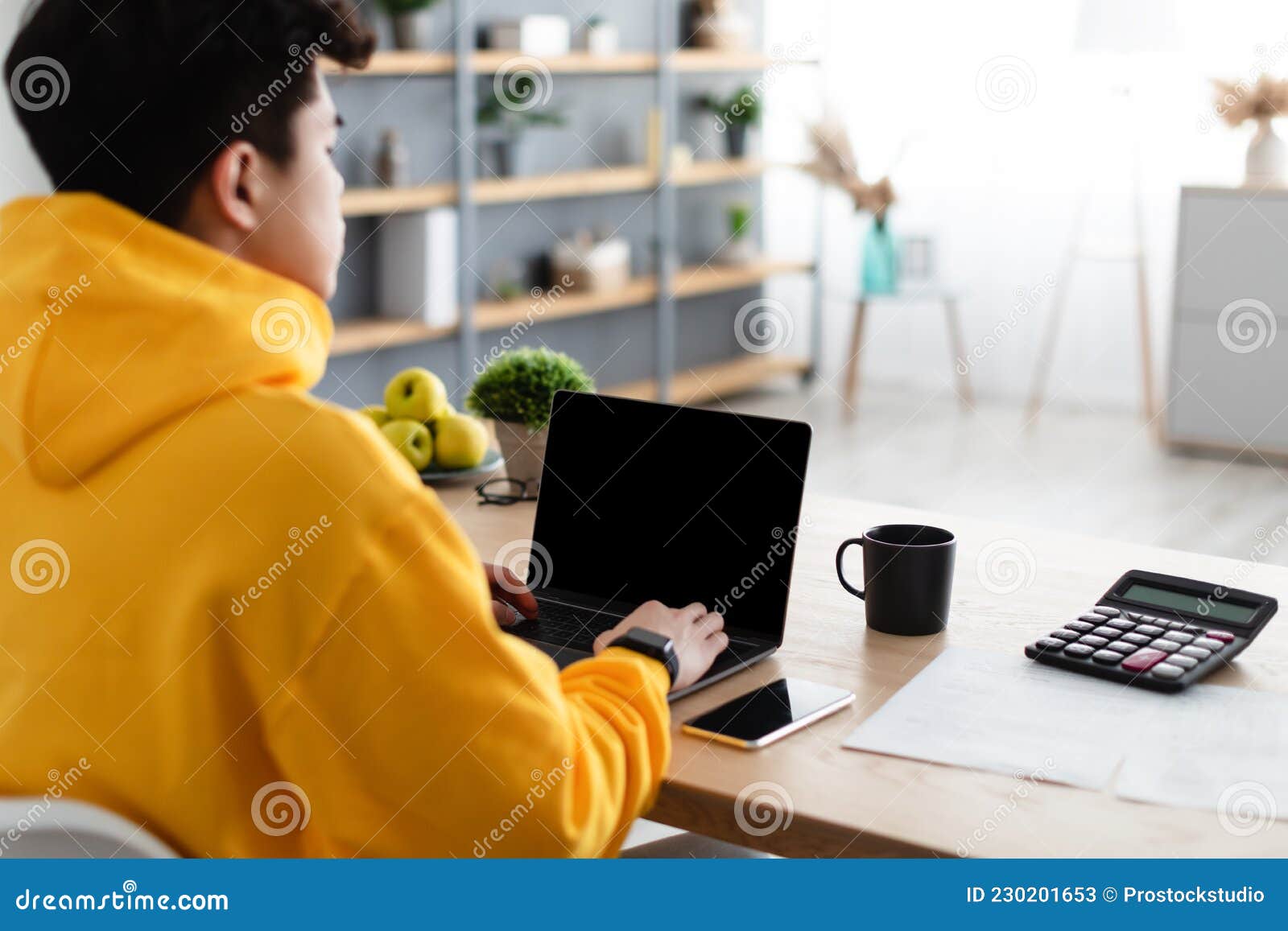 Asian Man Using Laptop with Black Empty Screen Stock Image - Image of ...