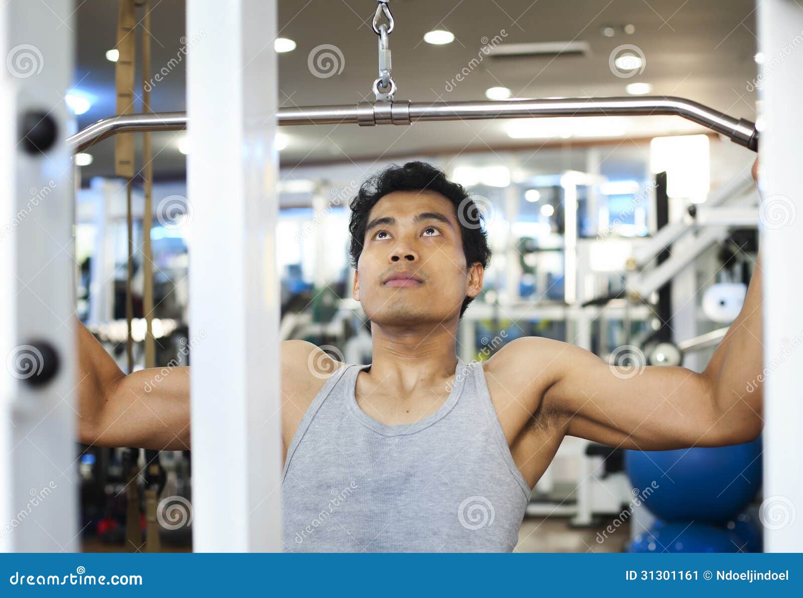 Asian Man Using Lat Pulldown Machine Stock Image - Image of athlete ...