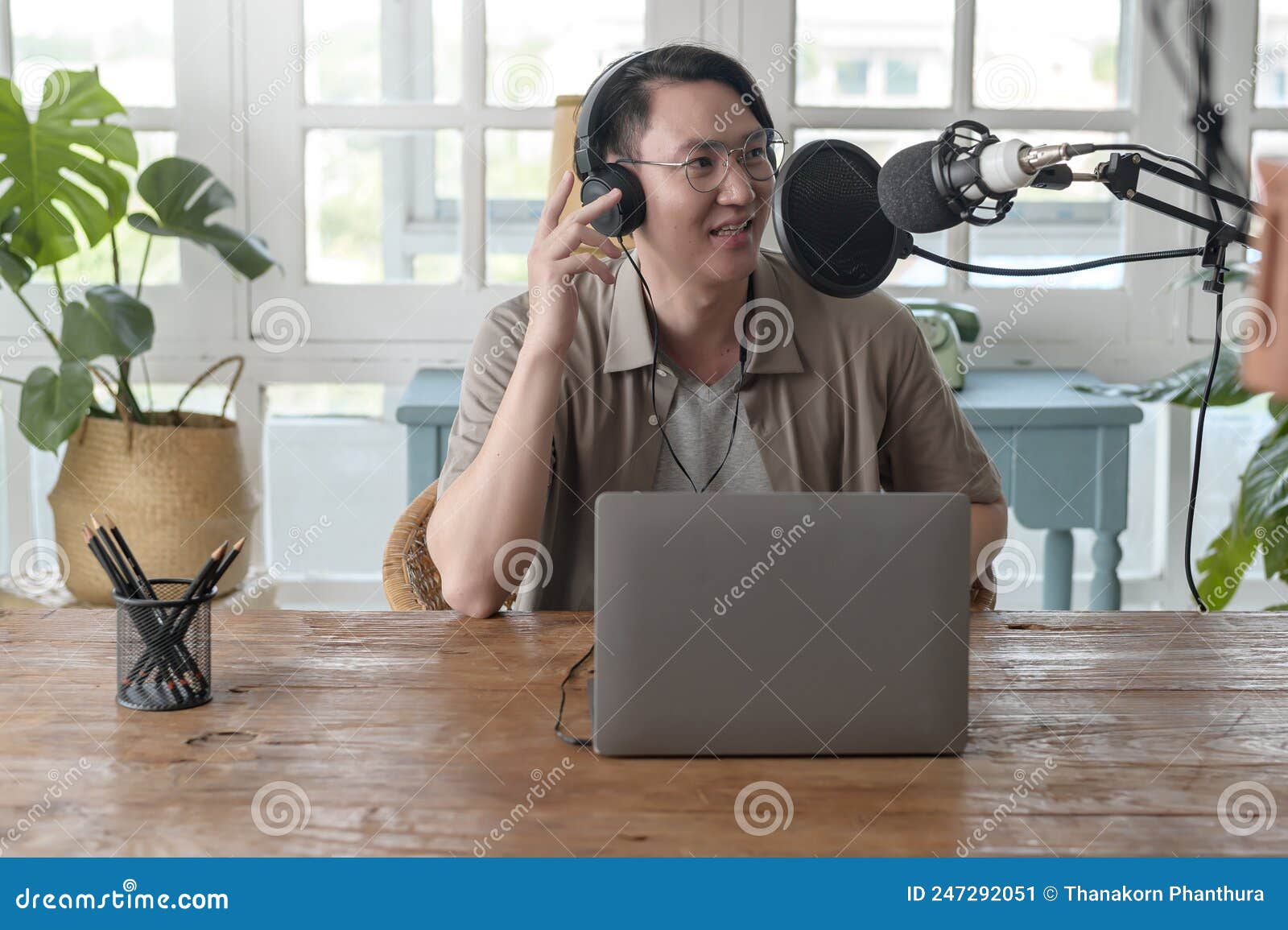 Asian Man is Using Microphone Podcasting in Home Stock Image - Image of ...