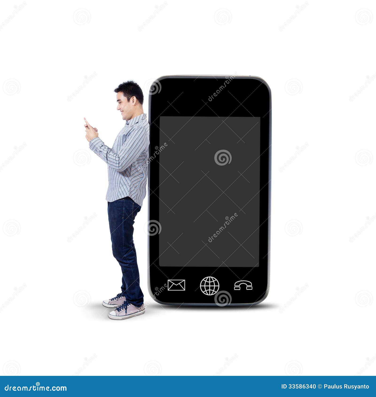 Asian Man Using Mobile Phone and Standing Next To Big Smartphone Stock ...
