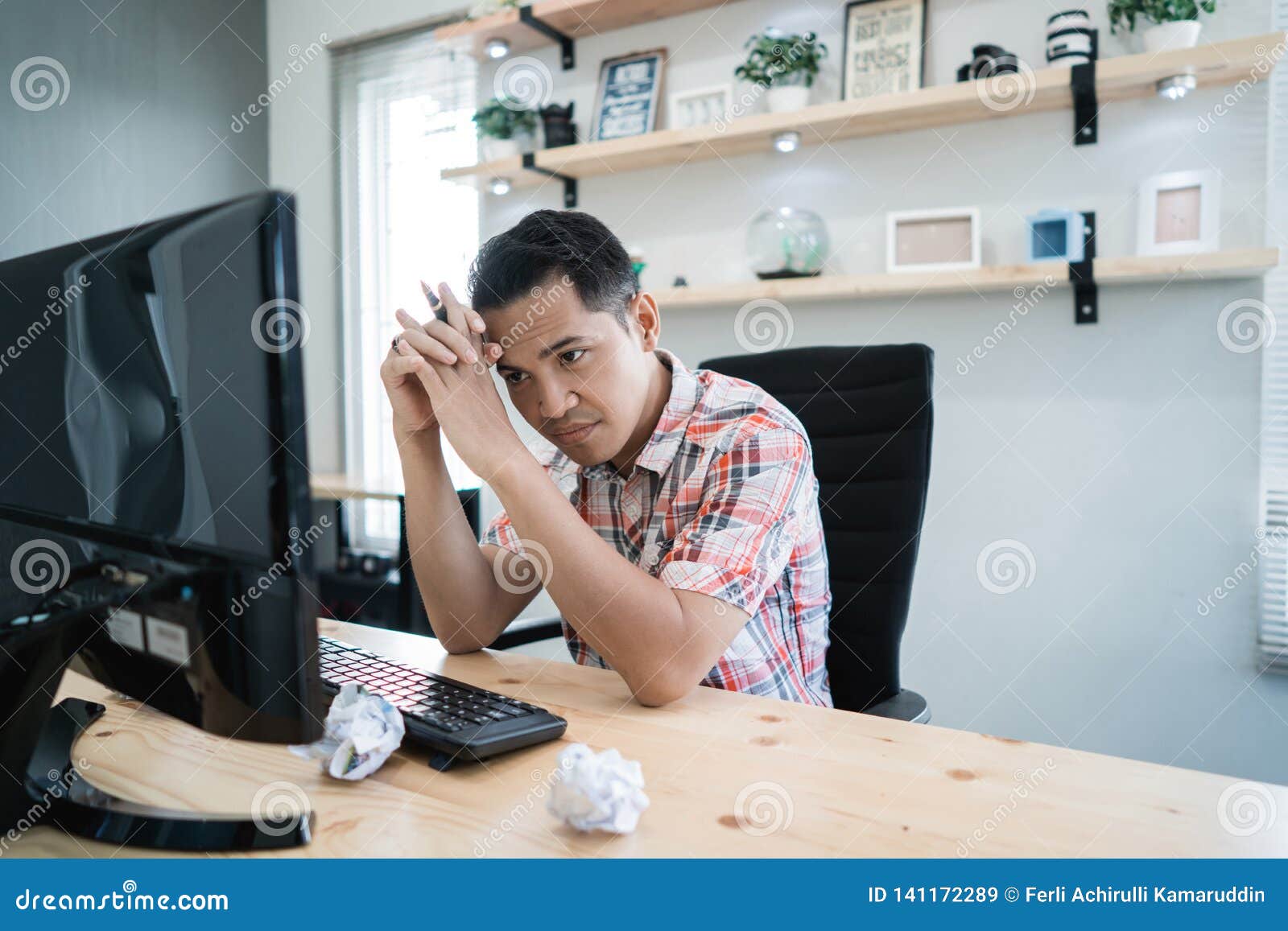 Asian Man Waiting for Something Looking at Pc Stock Image - Image of ...