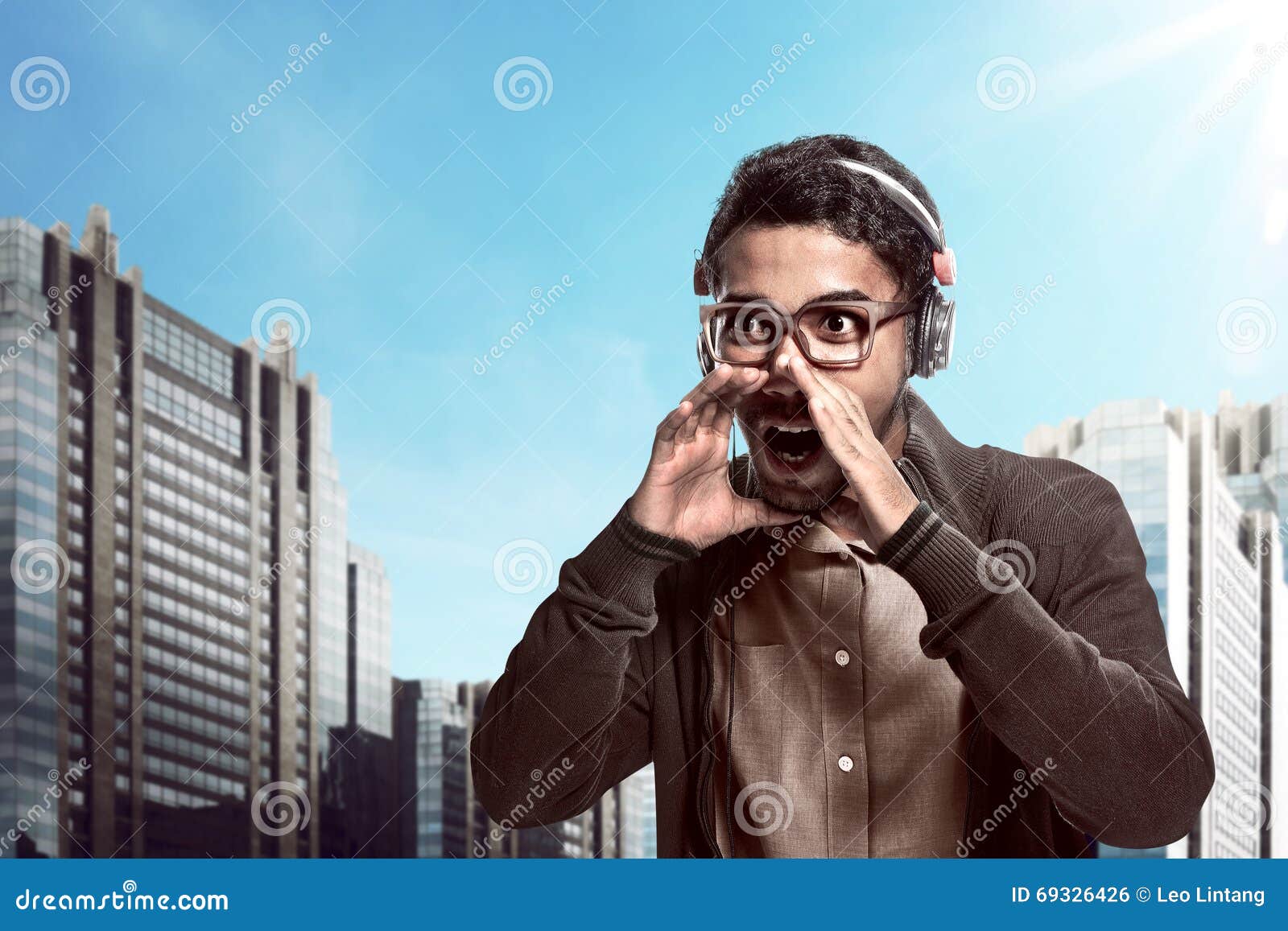 Asian Man Wearing Headphone and Shouting Stock Photo - Image of headset ...