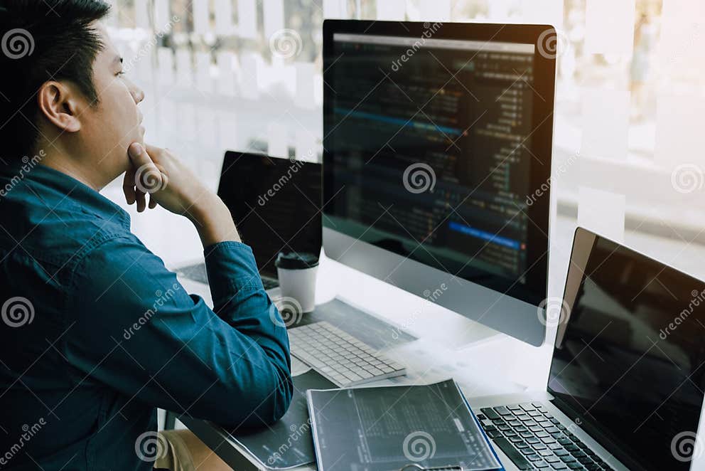 Asian Man Working Code Program Developer Computer Web Development ...