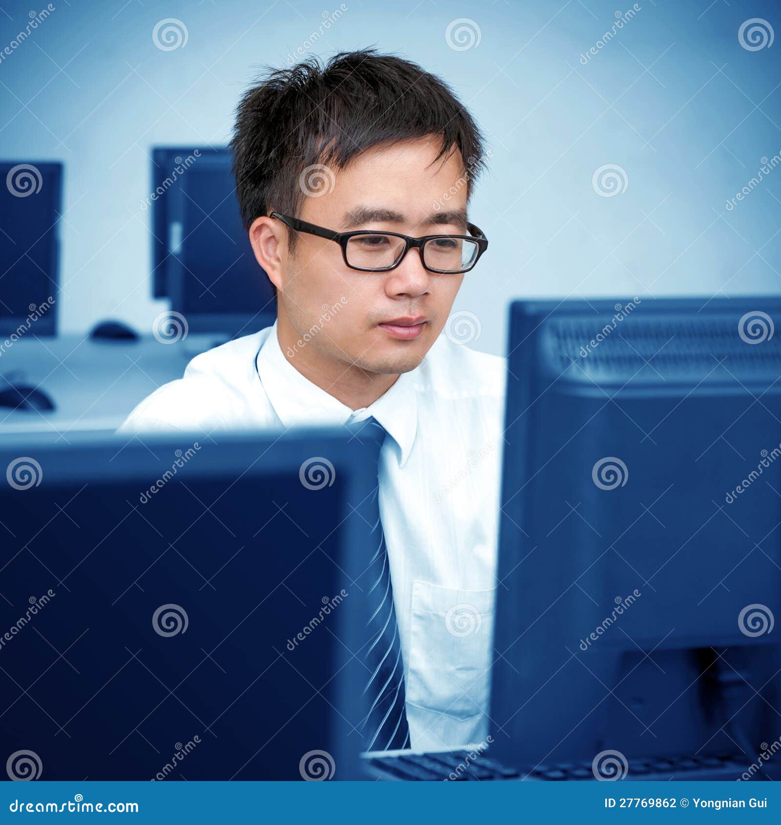 Asian Man Working in the Computer Room Stock Photo - Image of portrait ...