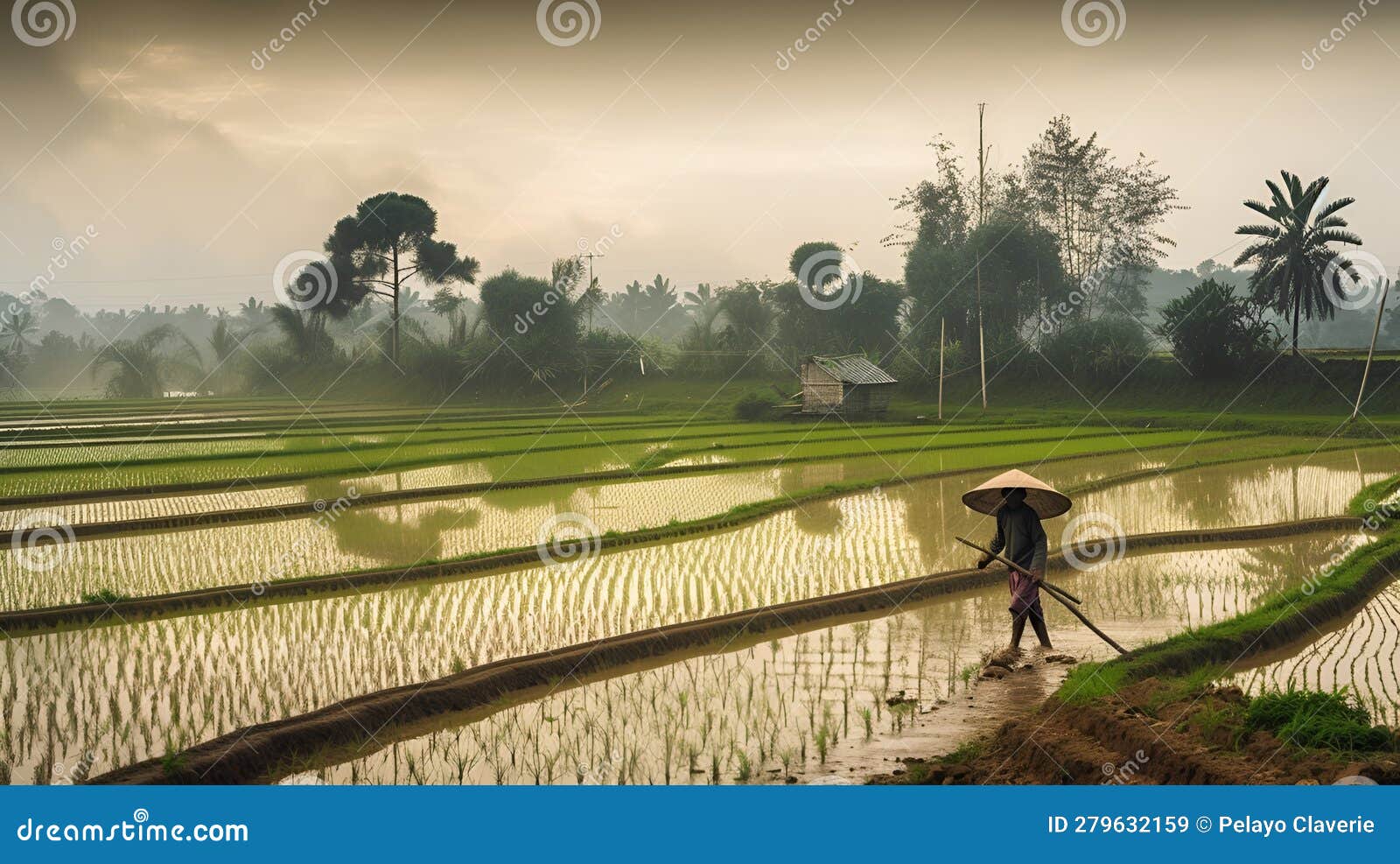 Asian Man Working in a Rice Field. Generative AI Stock Illustration ...