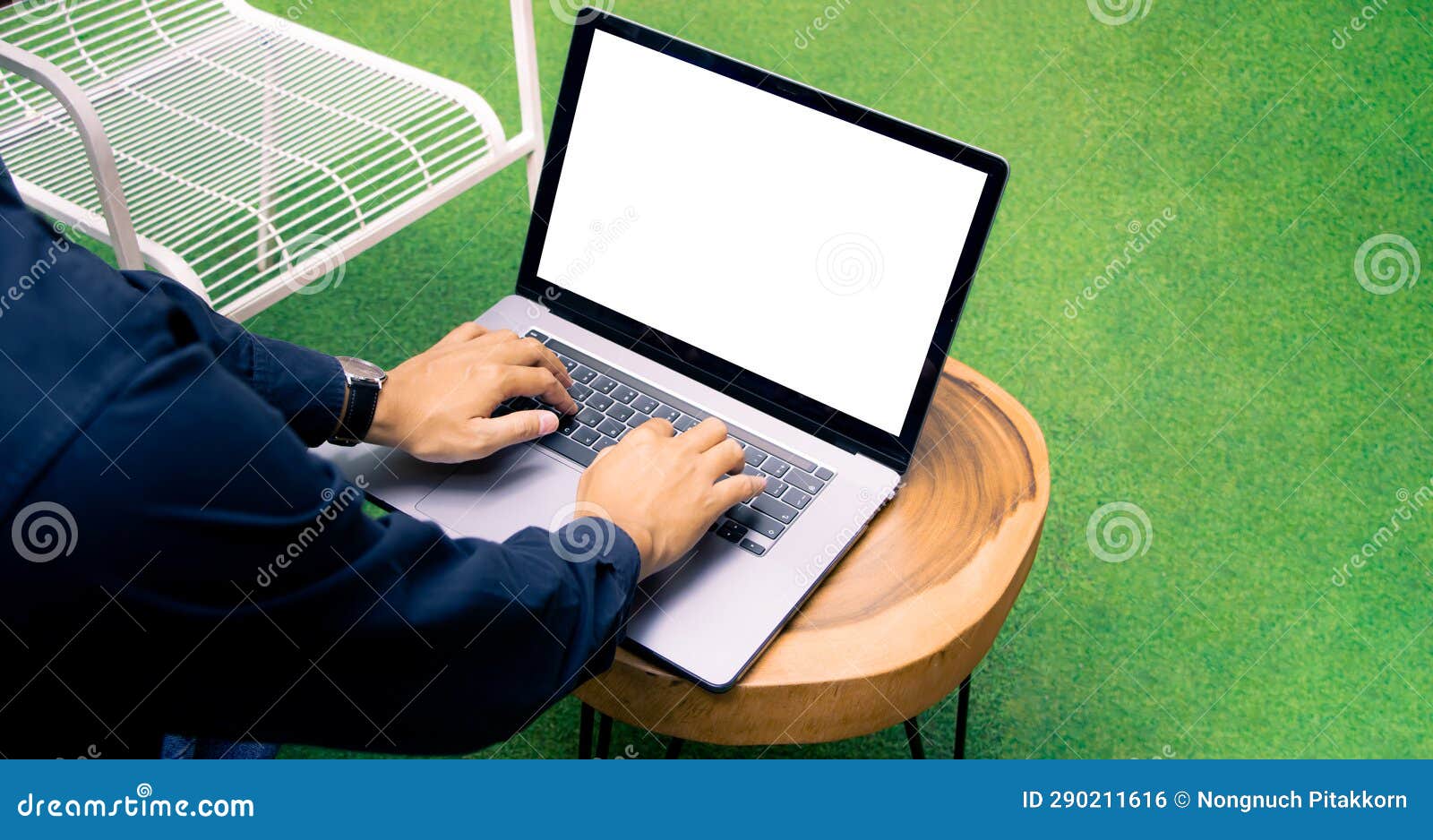 Asian Man Working and Tying on Laptop Computer with Blank Withe Screen ...