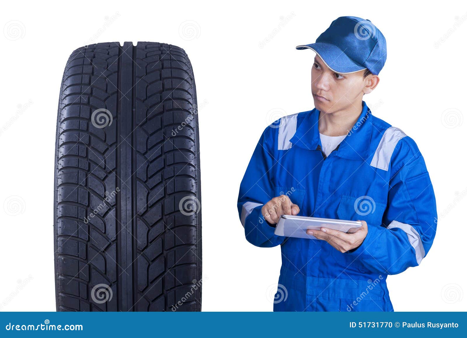 Asian Mechanic Controls a Tire with Tablet Stock Photo - Image of ...