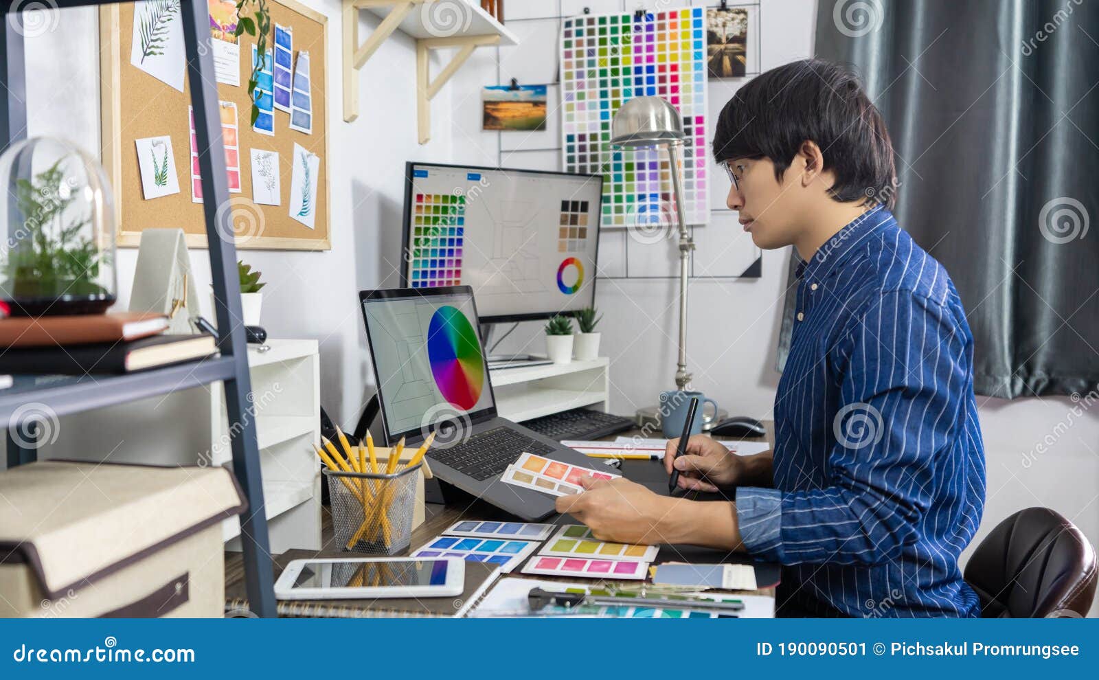Asian Men Architect or Graphic Designer Designing a Layout Selection ...