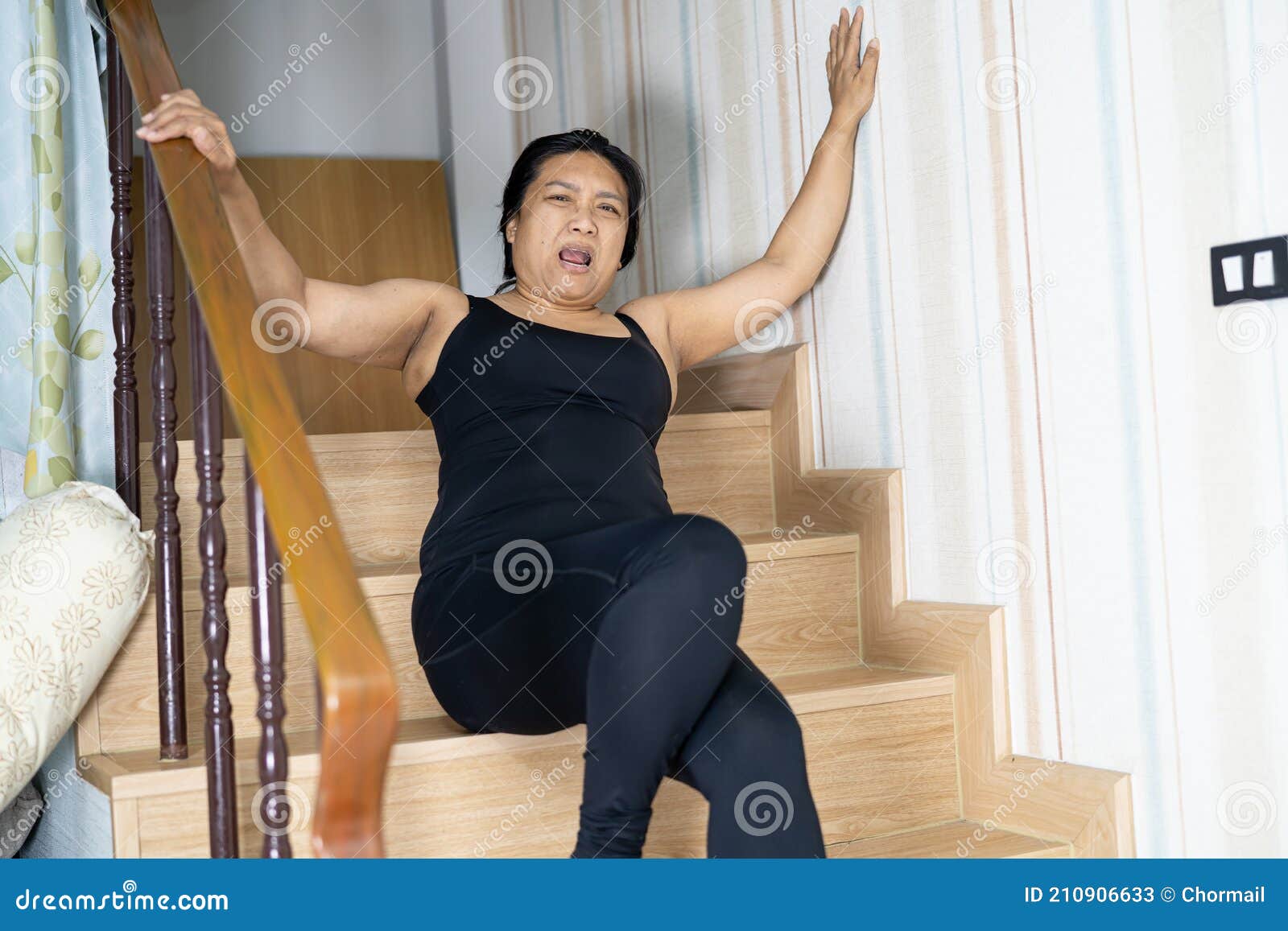 Asian Middle Aged Lady Woman Patient Fall Down The Stairs Because