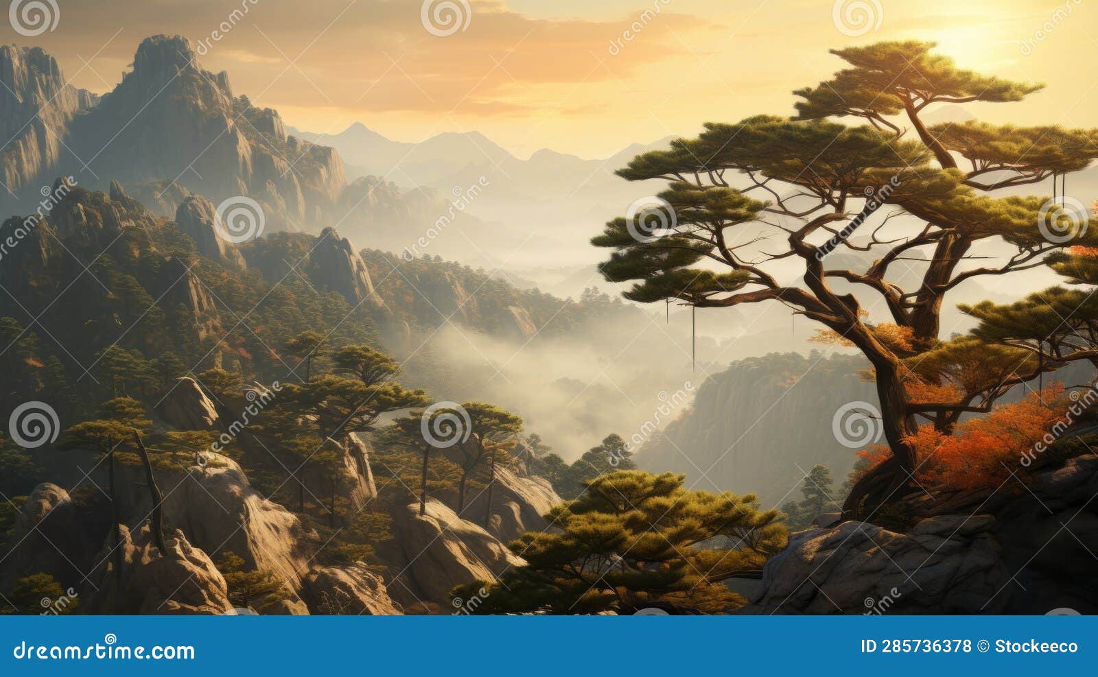Asian Mountainside View: Vray-rendered Classical Scene with Pine Trees ...