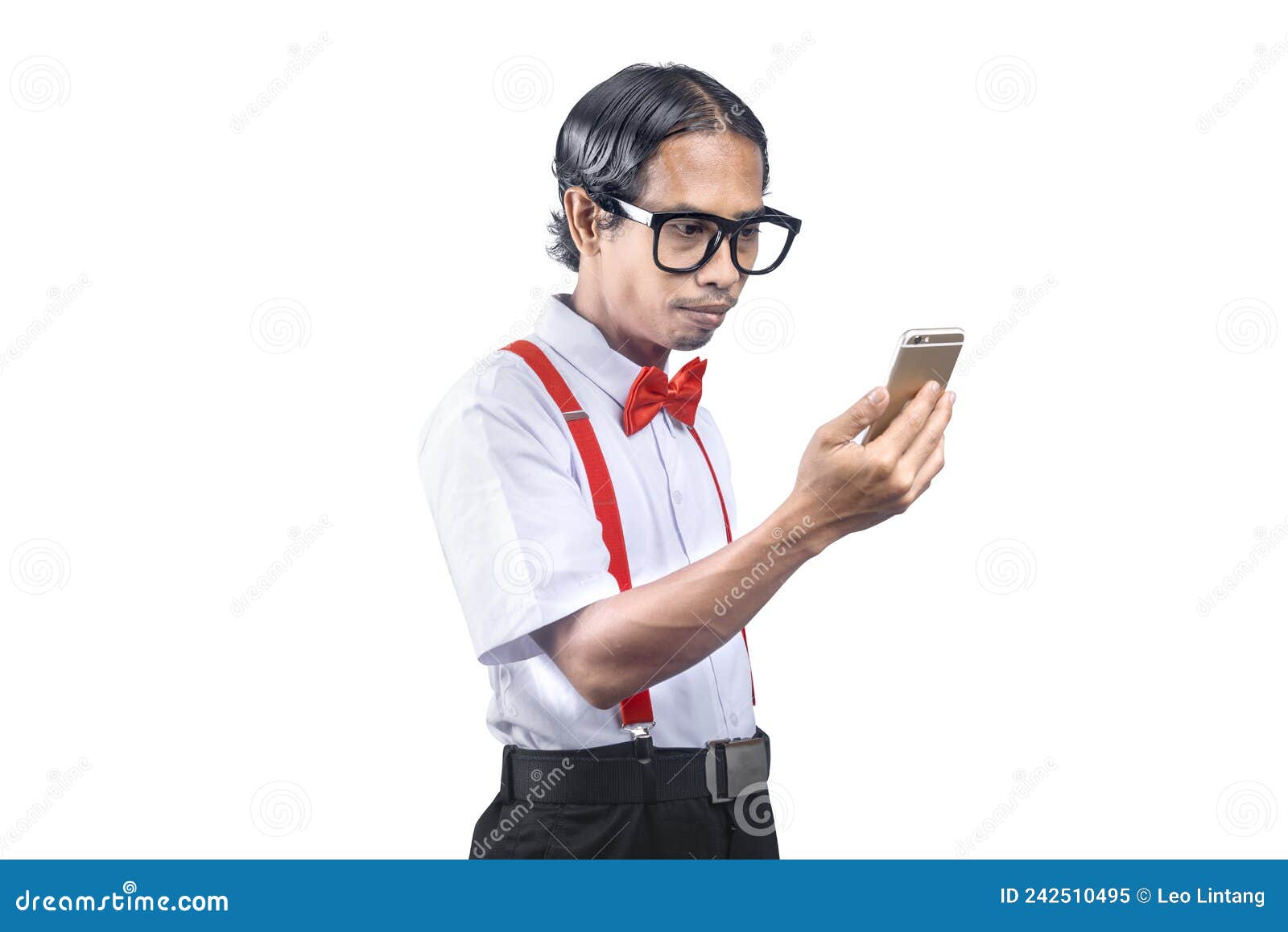 Asian Nerd with an Ugly Face Holding Mobile Phone Stock Image - Image ...