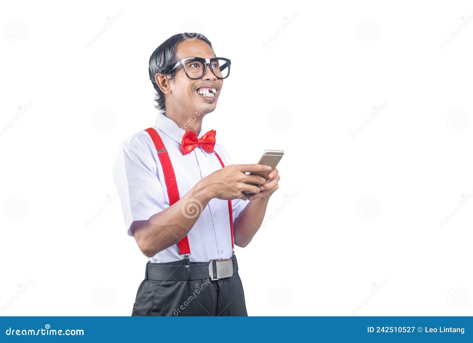 Asian Nerd with an Ugly Face Holding Mobile Phone Stock Image - Image ...