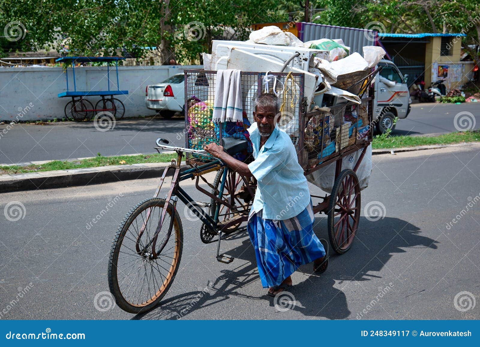 Asian Old Man Collecting Garbage with Tri Cycle Editorial Photography ...