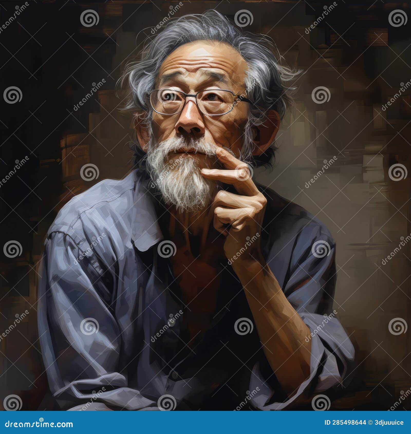 Asian Old Man in Thinking and Doubts Photorealistic Illustration. Stock ...