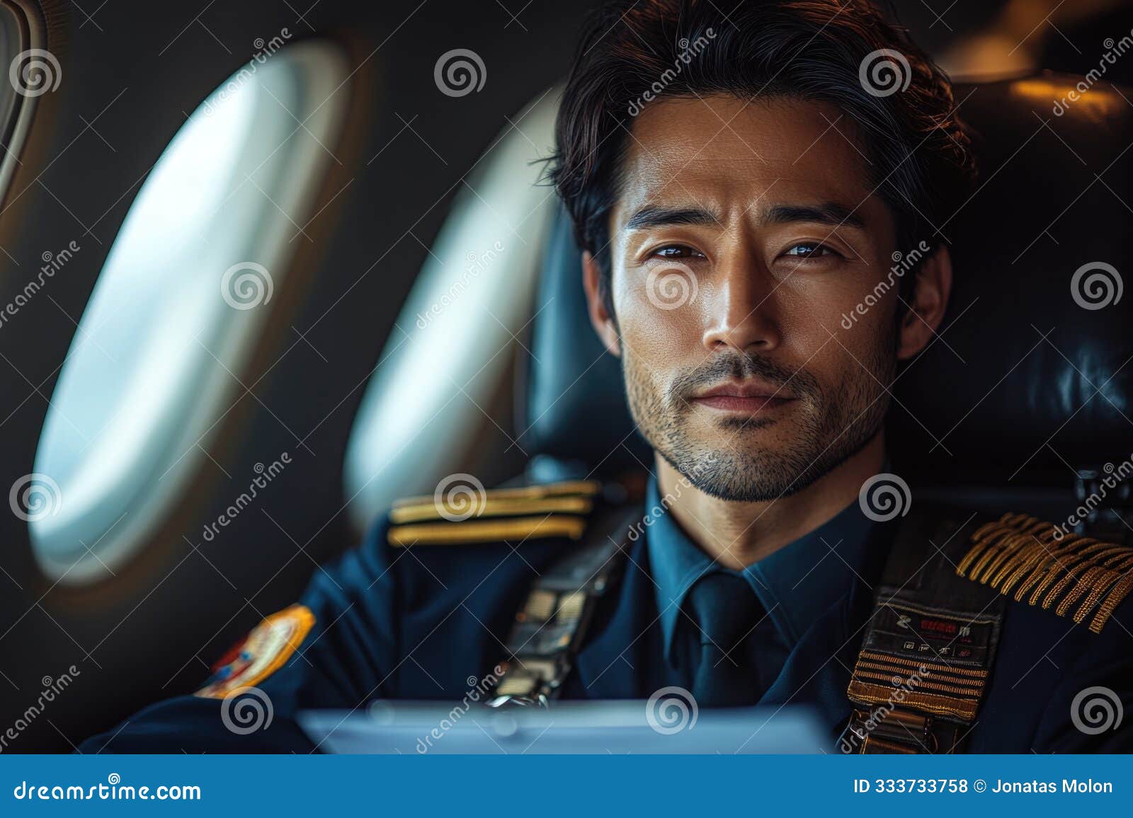 Asian Pilot Reviewing Paperwork while Seated in Airplane Cabin Preparin ...