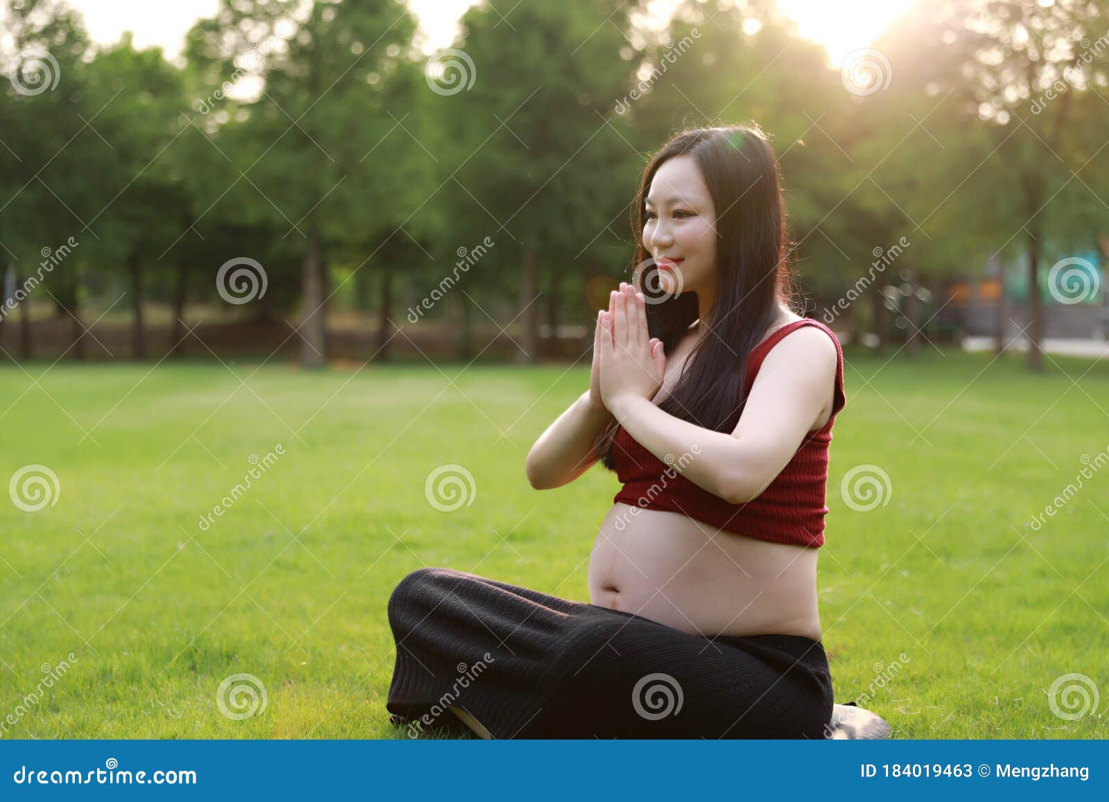 Asian Pregnant Woman In Garden Forest Lawn Outdoor Nature Free Relax