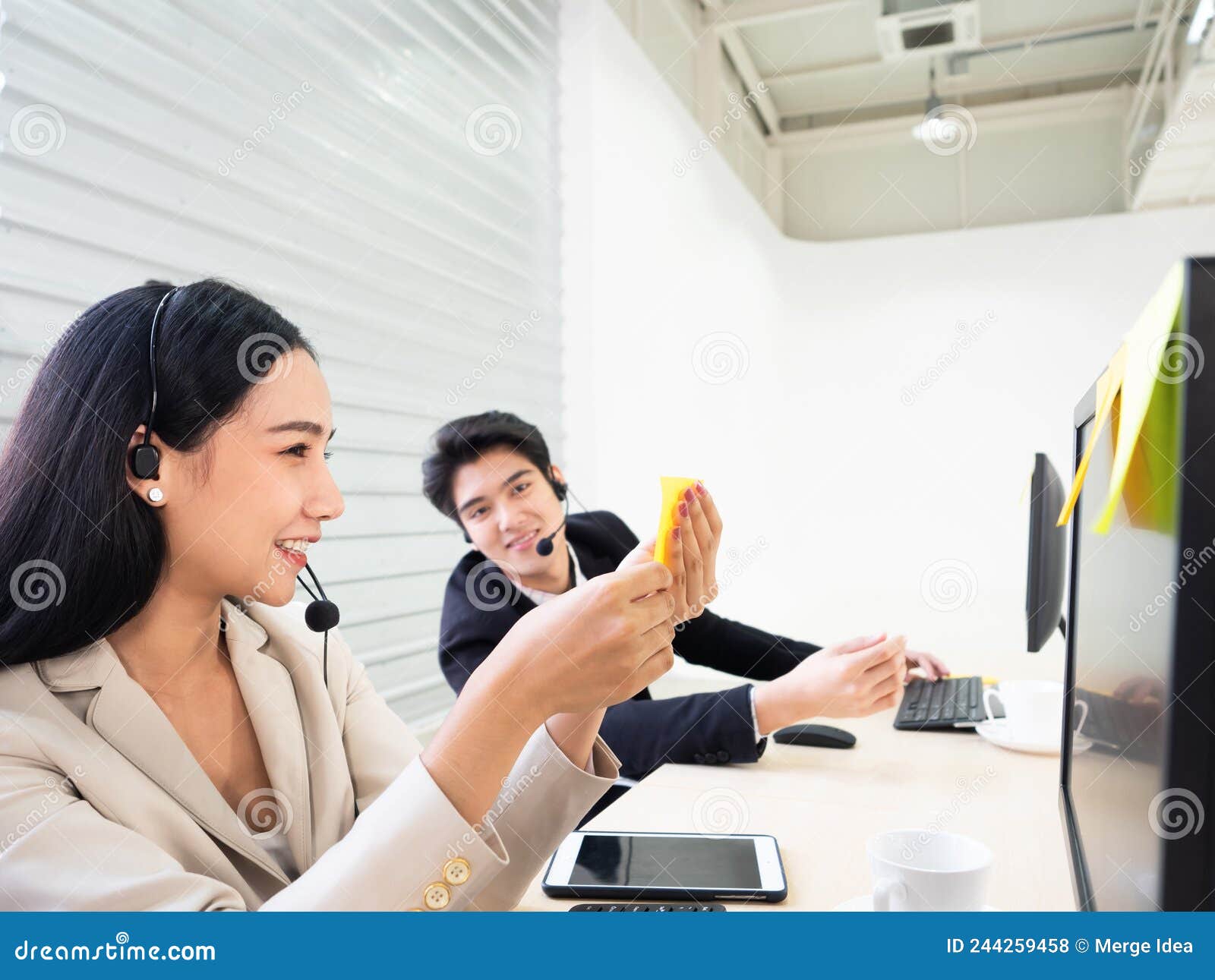 Asian Professional Call Center Team Discuss and Communicate about Solve ...