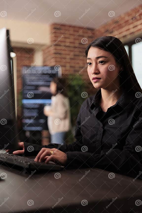 Asian Programmer Working With Html Script On Terminal Window Stock