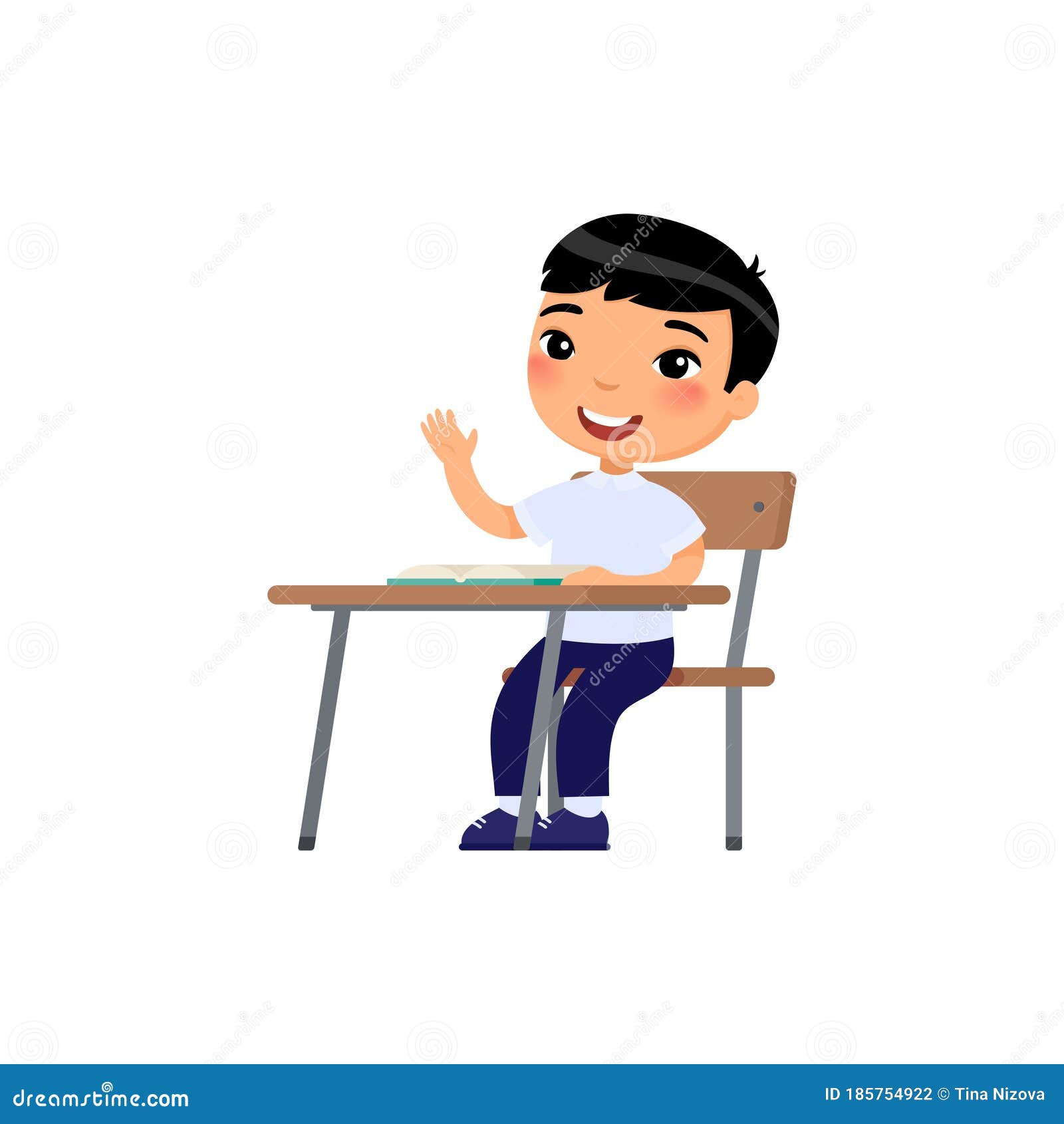 Asian School Boy Raising Hand in Classroom for Answer, Cartoon ...