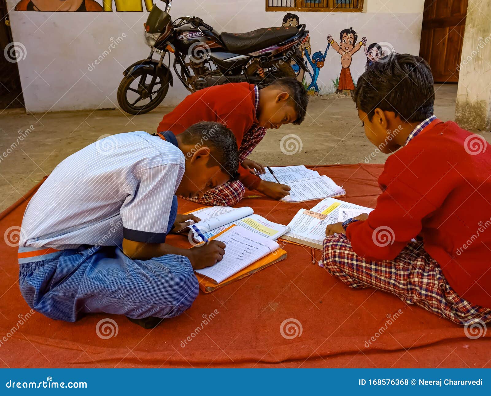 Asian School Students Writing during Common Test at Open Area Class in ...