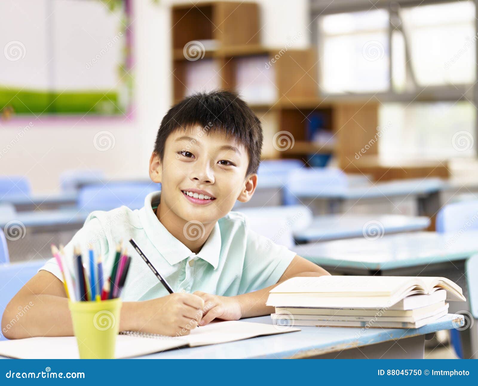 Asian Schoolboy Studying in Classroom Stock Photo - Image of academic ...