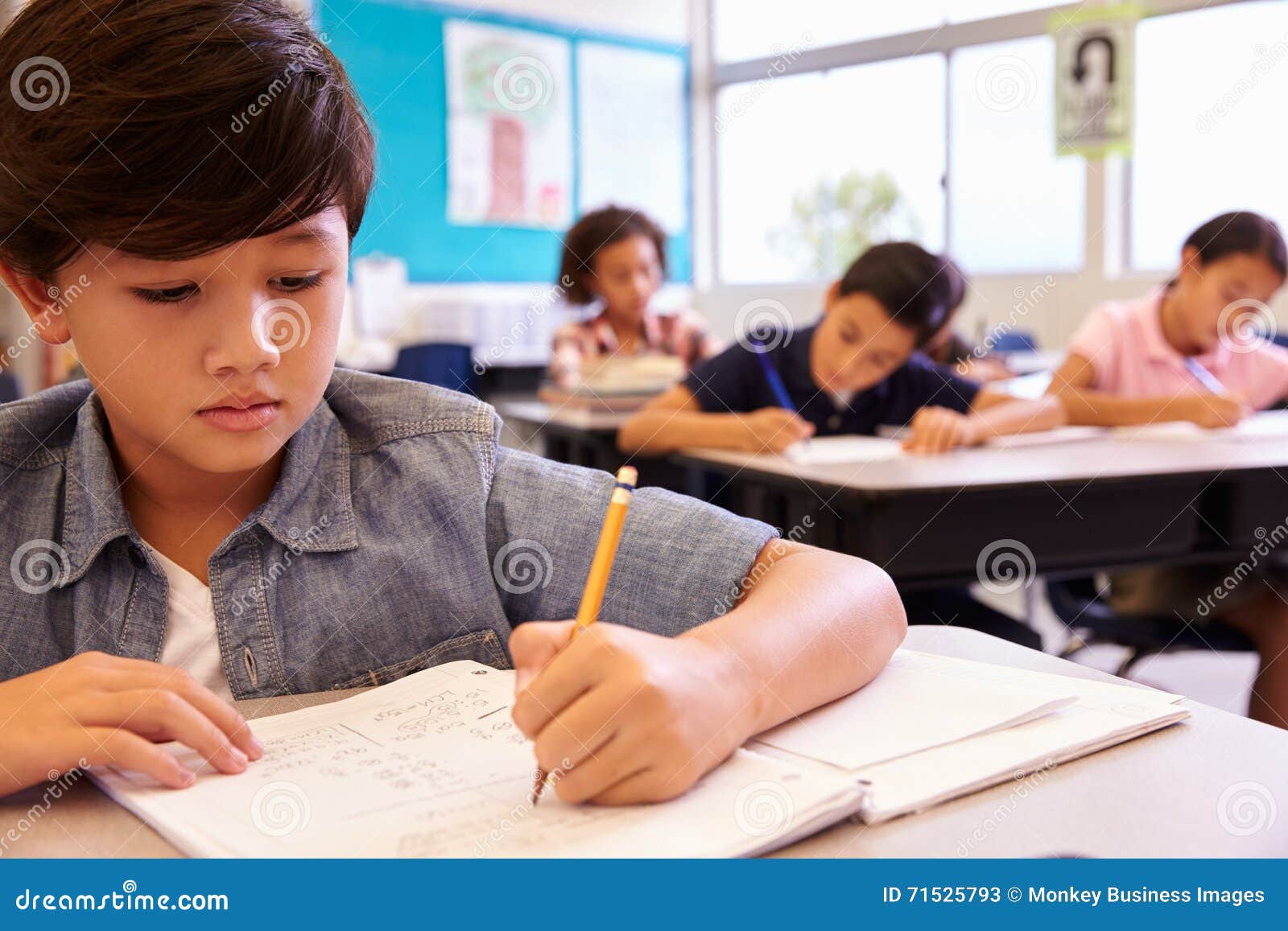 Asian Schoolboy Working in Elementary School Class Stock Image - Image ...