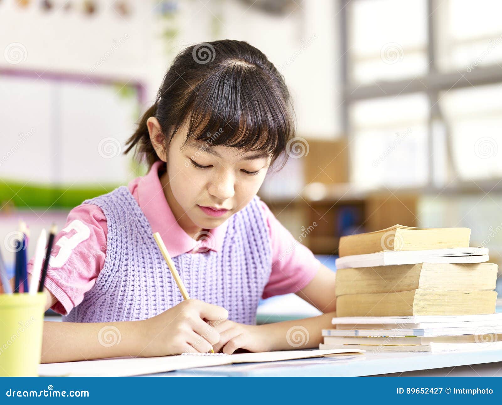 Asian Schoolgirl Studying in Classroom Stock Image - Image of little ...
