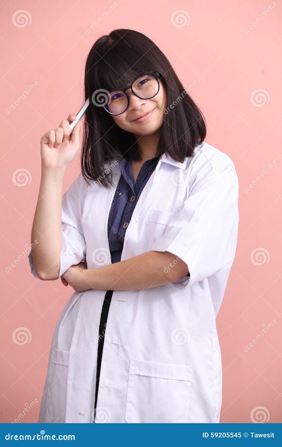 Asian Scientist Holding Pen Thinking Stock Image - Image of smile, gril ...