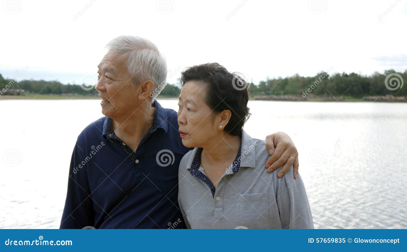 Asian Senior Couple Happy Hugging Together Lake Background Stock Image