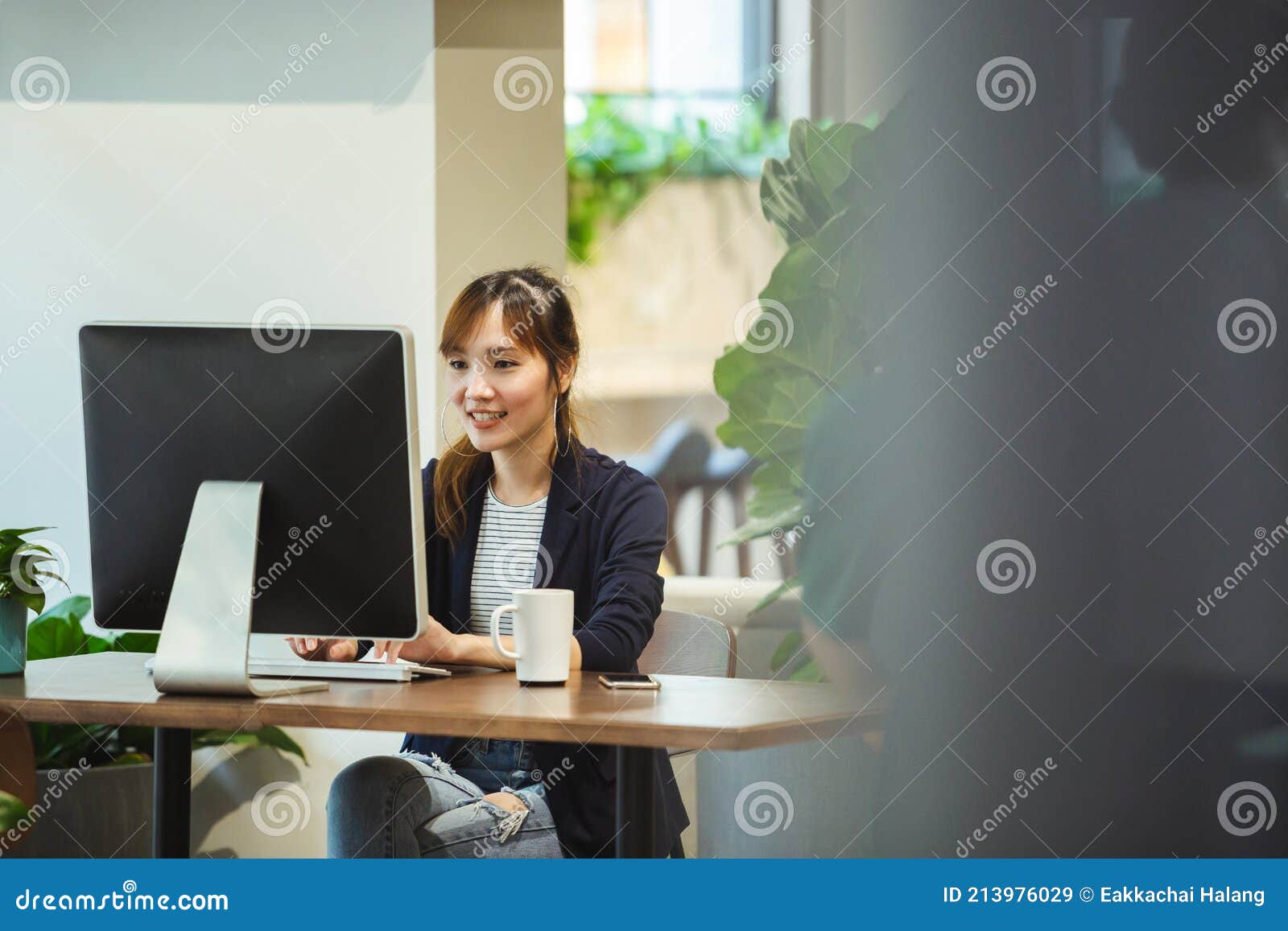 Asian Smart Woman Working with Computer in Work Space Cafe Stock Image ...