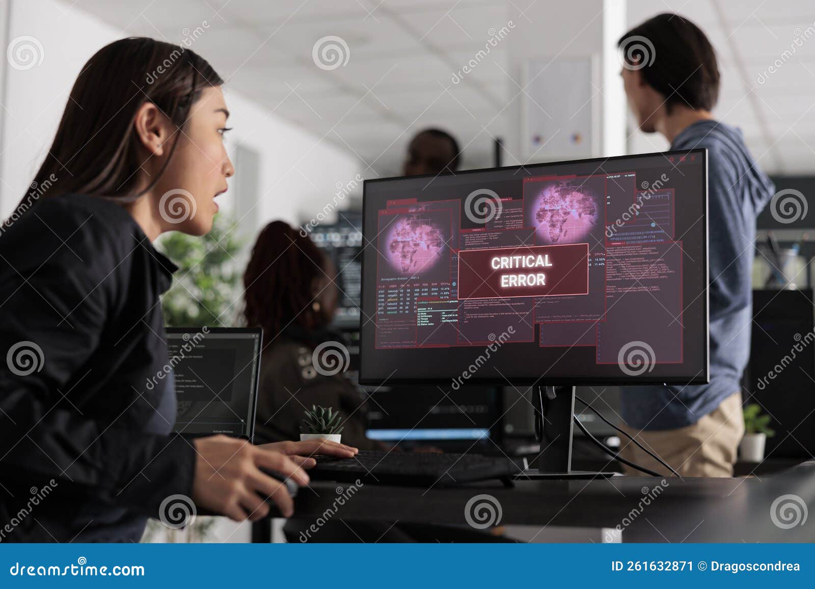 Asian Software Developer Writing Html Code Encountering Hacking Alert On Computer Stock Image