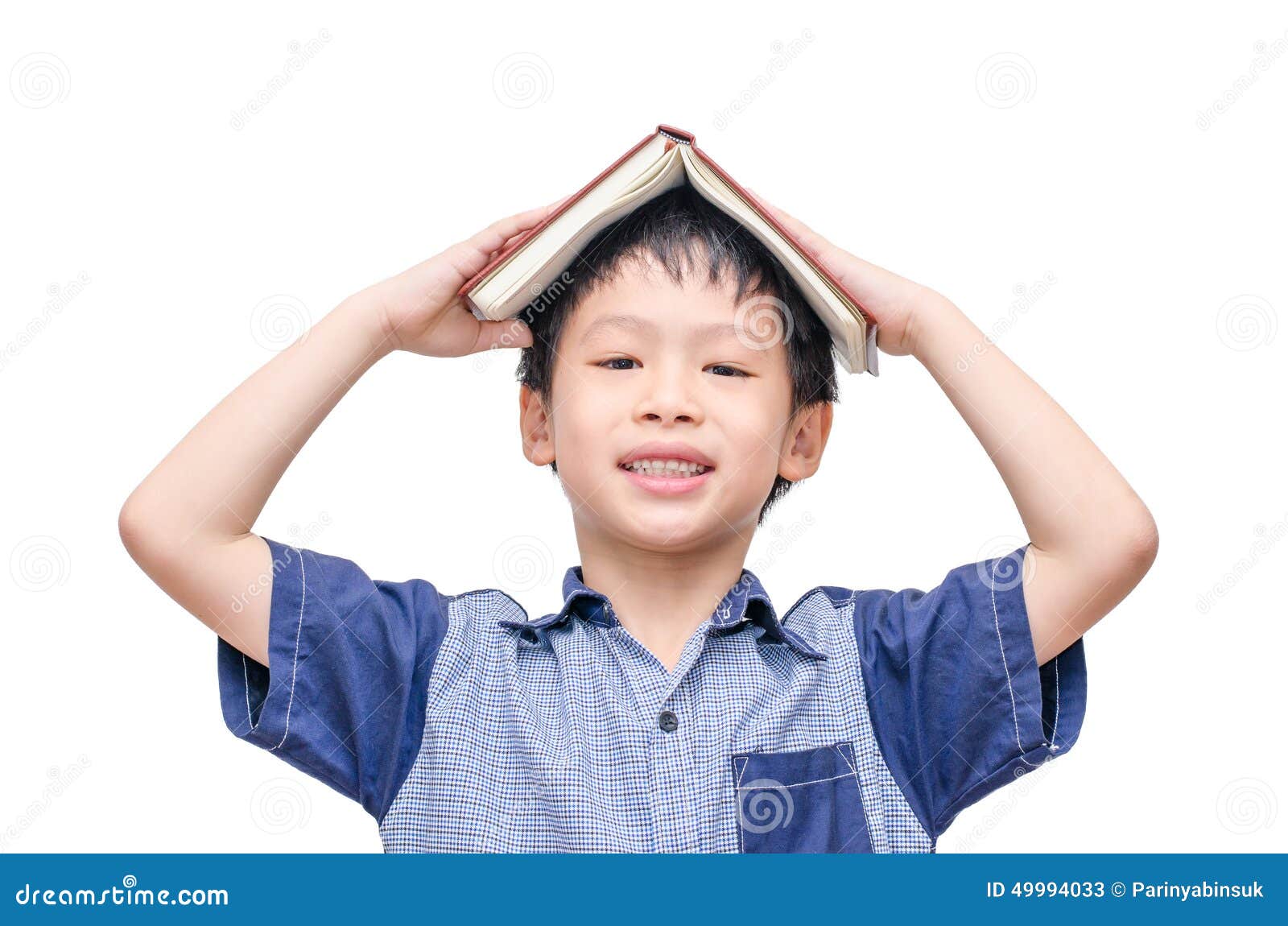 Asian Student with a Book on His Head Stock Image - Image of hold, head ...