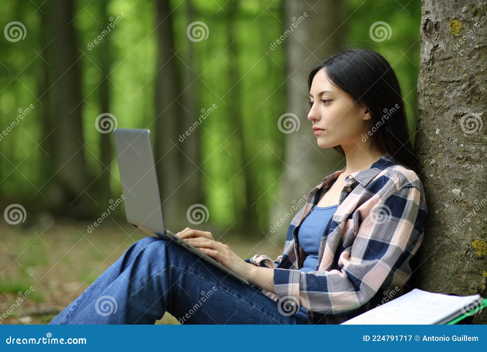 Asian Student E-learning with Laptop in a Forest Stock Image - Image of ...