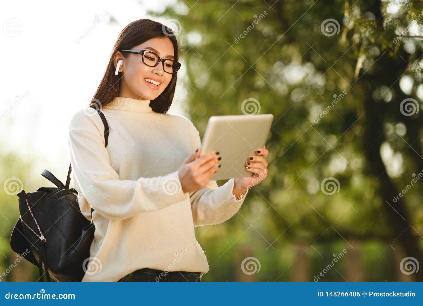 Asian Student Girl Using Tablet, Making Video-Call Stock Photo - Image ...