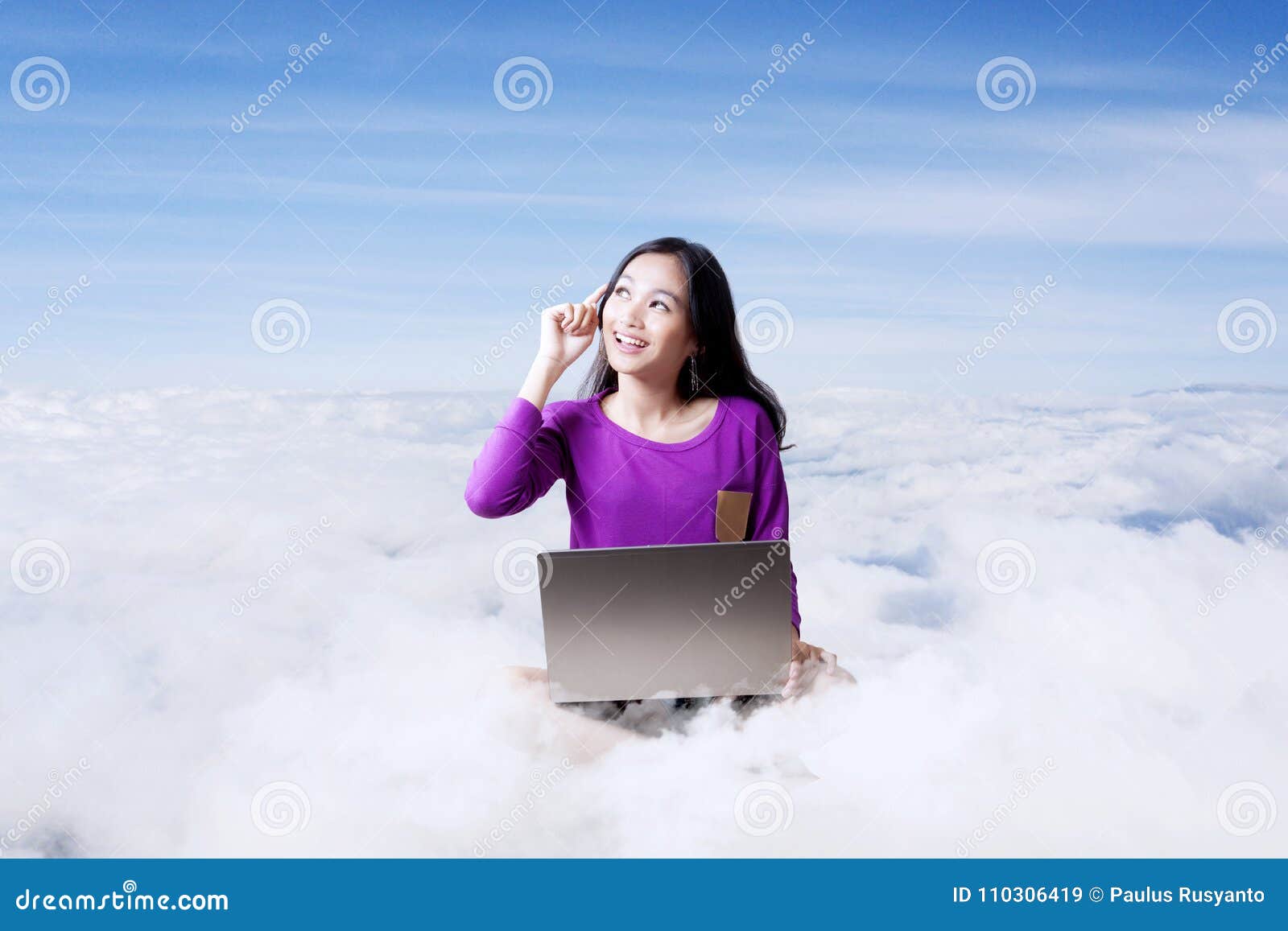 Asian Student Working with Computer Laptop on Top of Clouds Stock Image ...